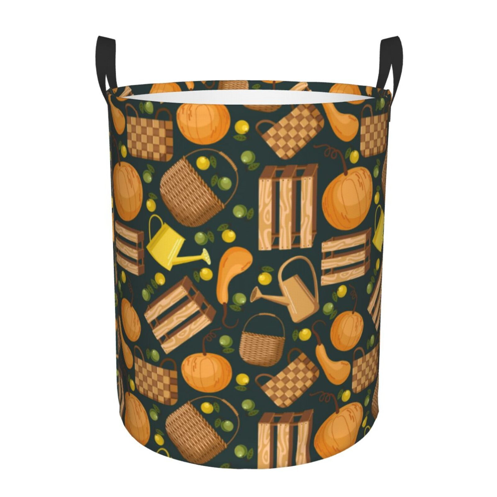 Round Laundry Basket Autumn Harvest Pumpkin Basket Laundry Hamper with Handle, Waterproof ...