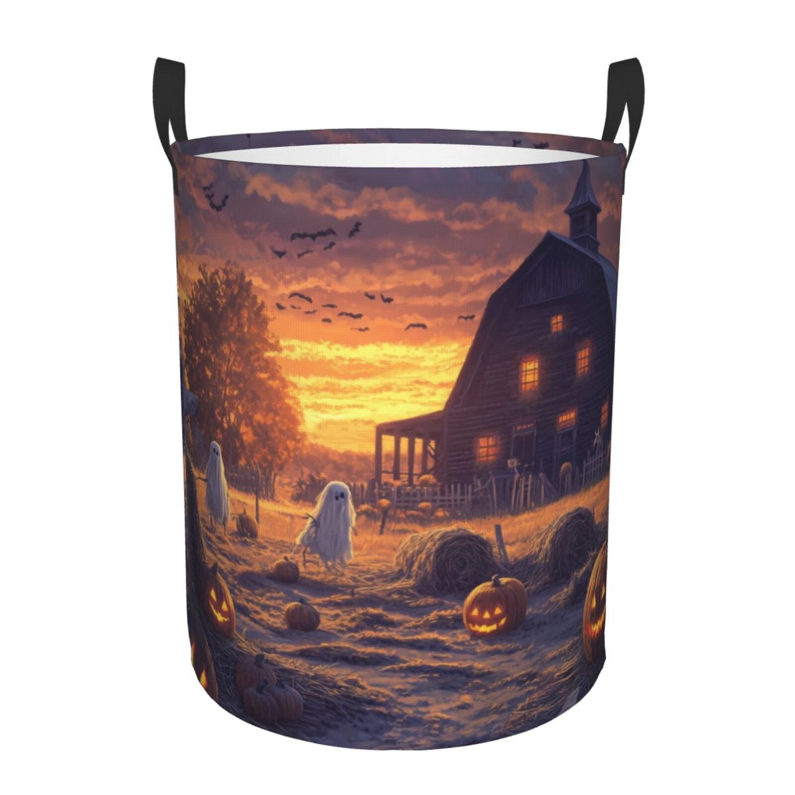 Round Laundry Basket Halloween Farm Pumpkin Ghost A Laundry Hamper with ...