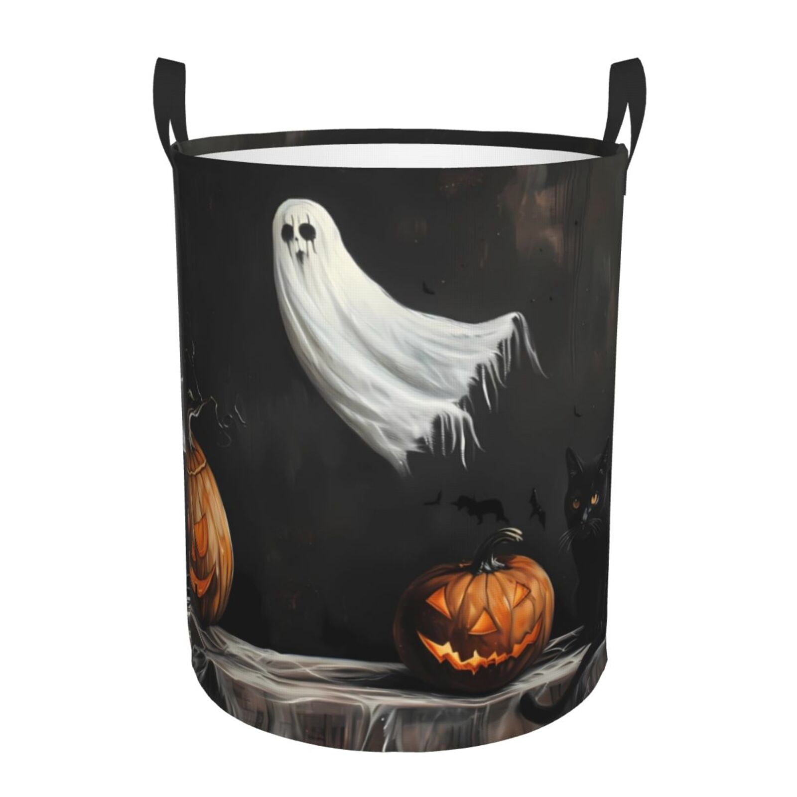 Round Laundry Basket Halloween Ghosts and Black Cat Laundry Hamper with ...