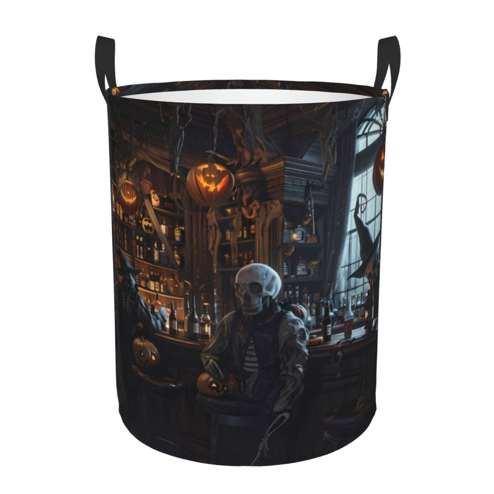 Round Laundry Basket Halloween Skeleton Bar Scene Laundry Hamper with ...