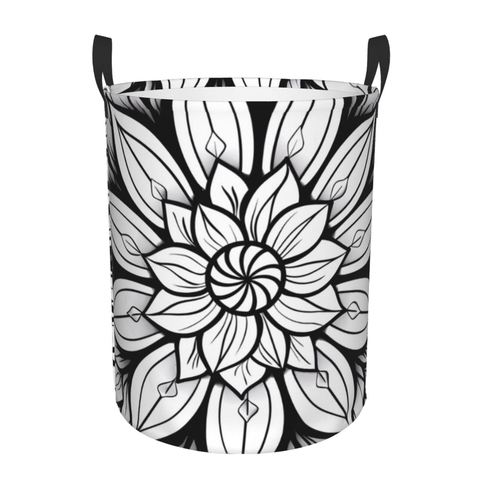 Round Laundry Basket Mandala Floral Line Art Laundry Hamper with Handle ...