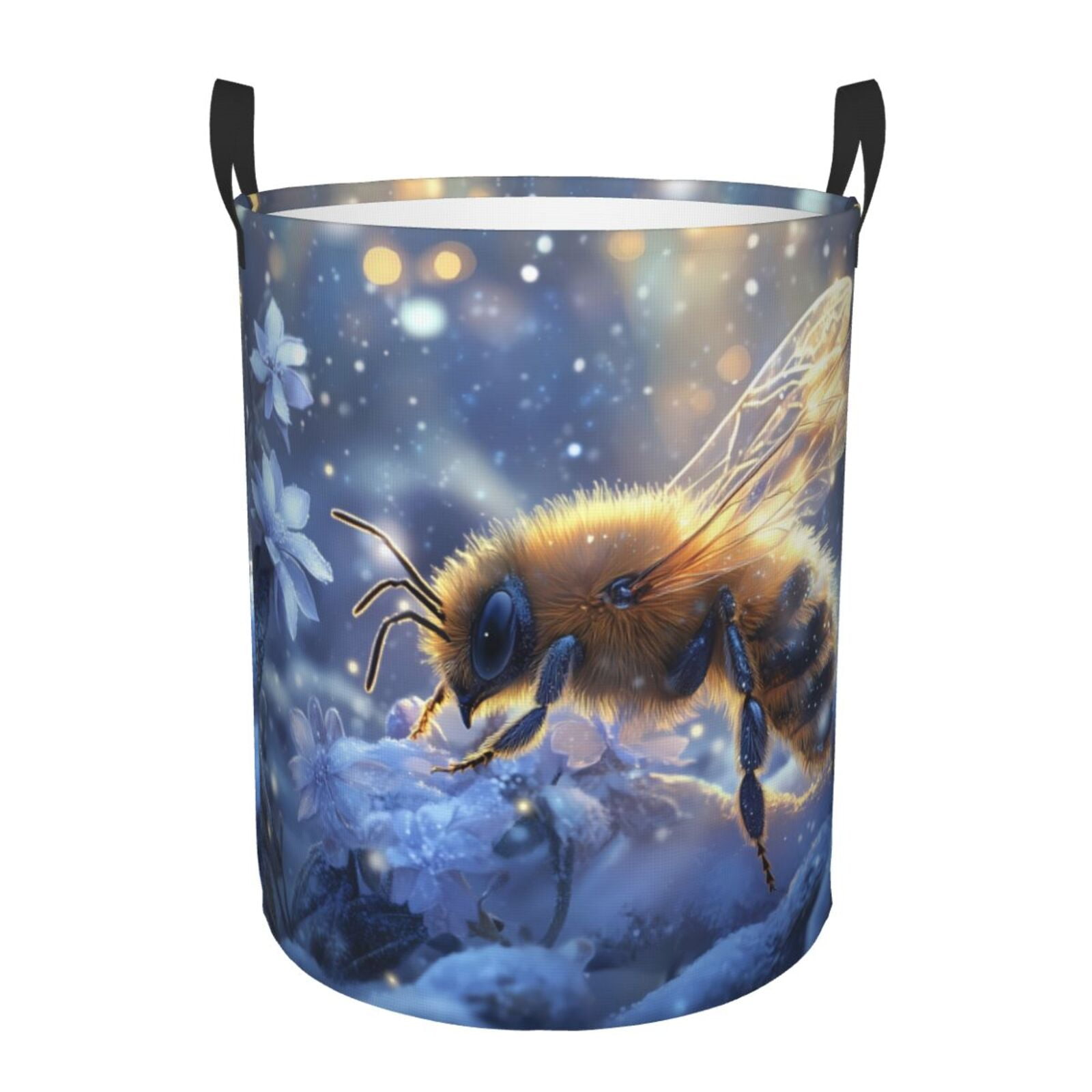 Round Laundry Basket Winter snowy cute bee Laundry Hamper with Handle ...