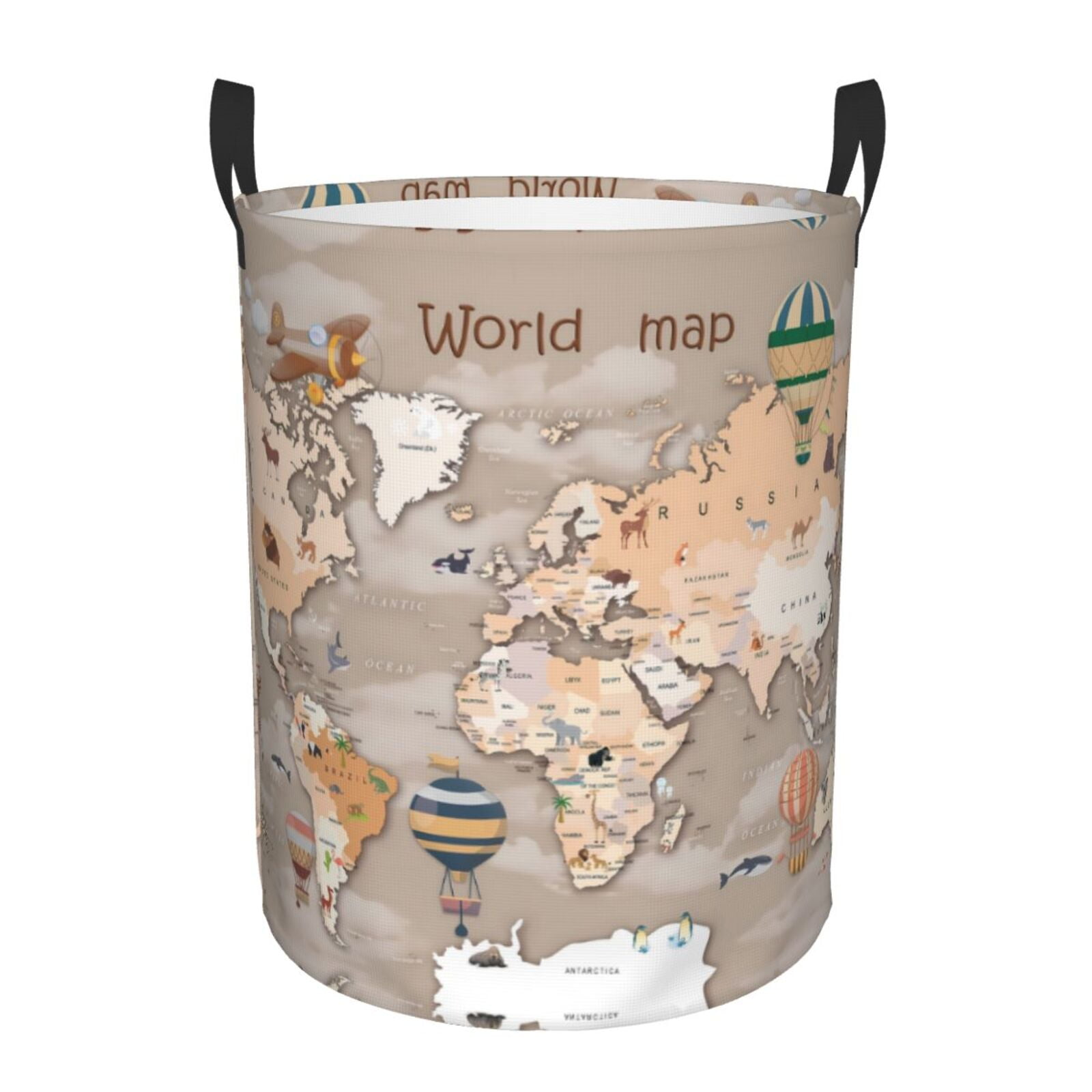 Round Laundry Basket World Map With Animals Laundry Hamper with Handle ...