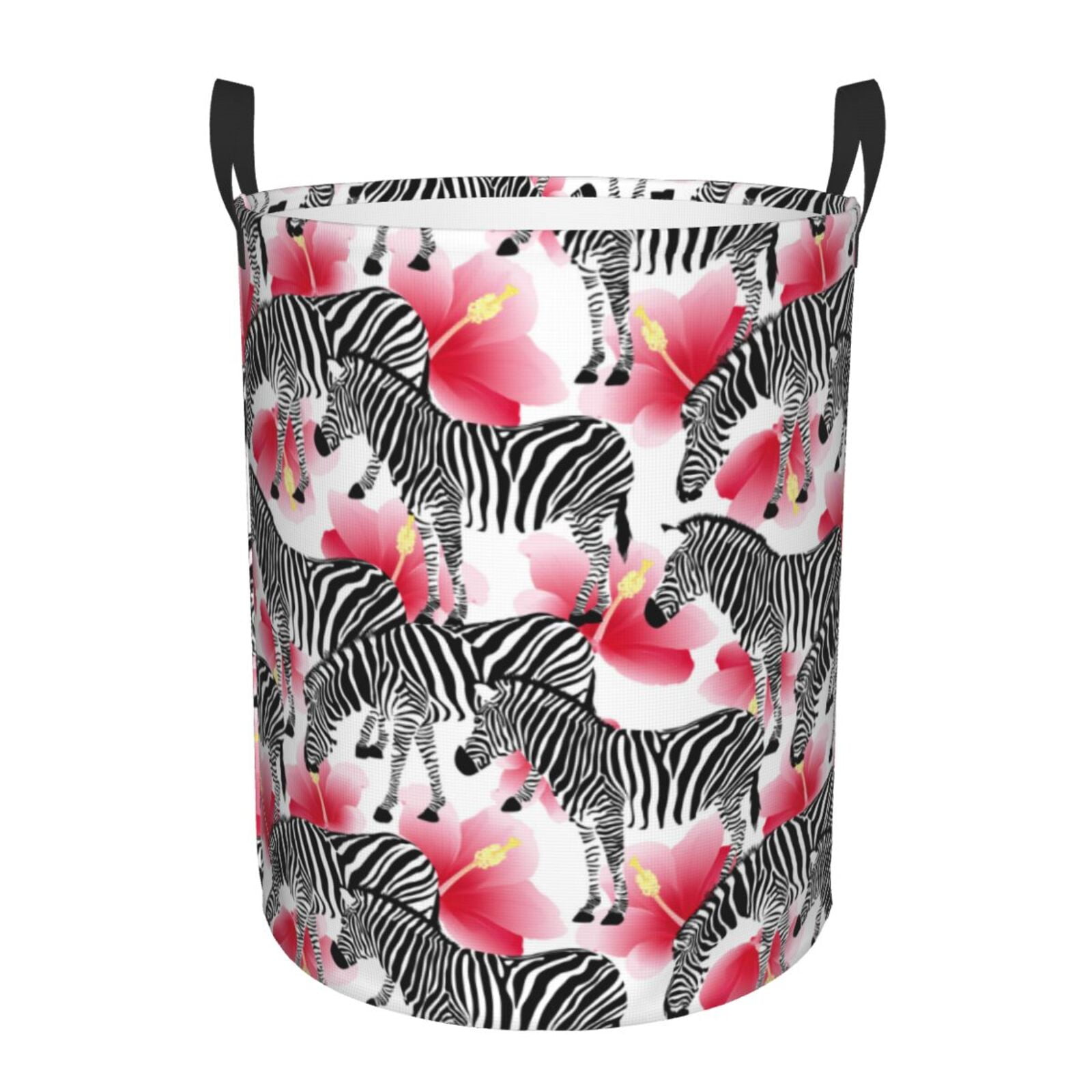 Round Laundry Basket Zebra pink hibiscus flower Laundry Hamper with ...