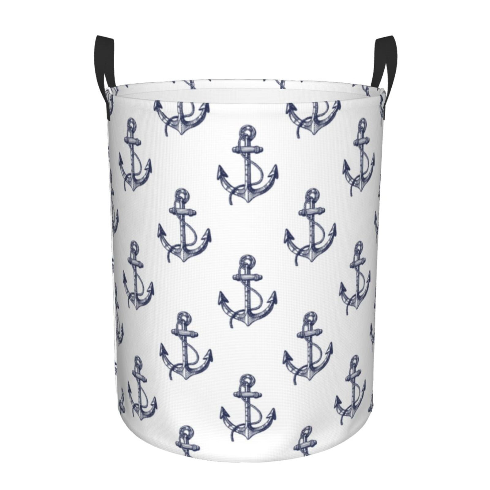 Round Laundry Basket hand drawn anchors white vintage Laundry Hamper ...