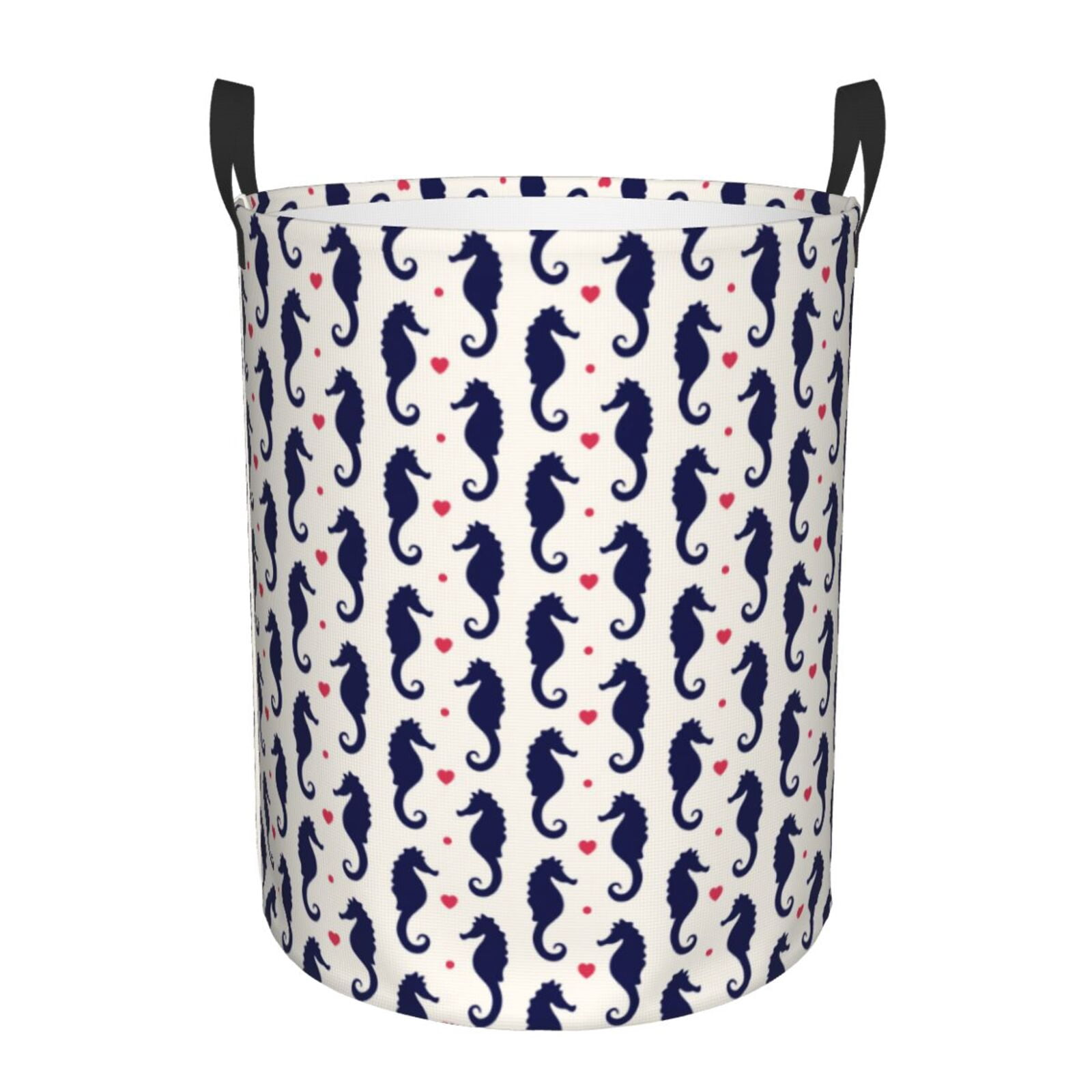 Round Laundry Basket sea horses red heart dots Retro Laundry Hamper ...