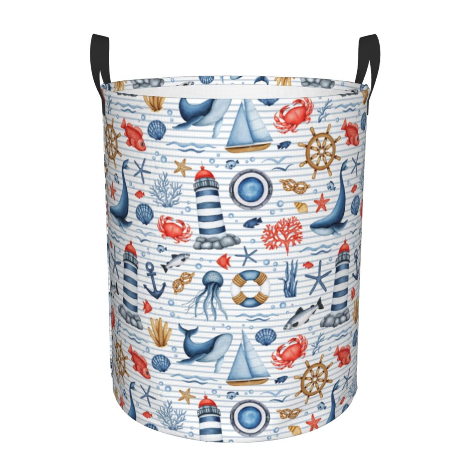 Round Laundry Basket vintage Lighthouse Sailboat Whale Laundry Hamper ...