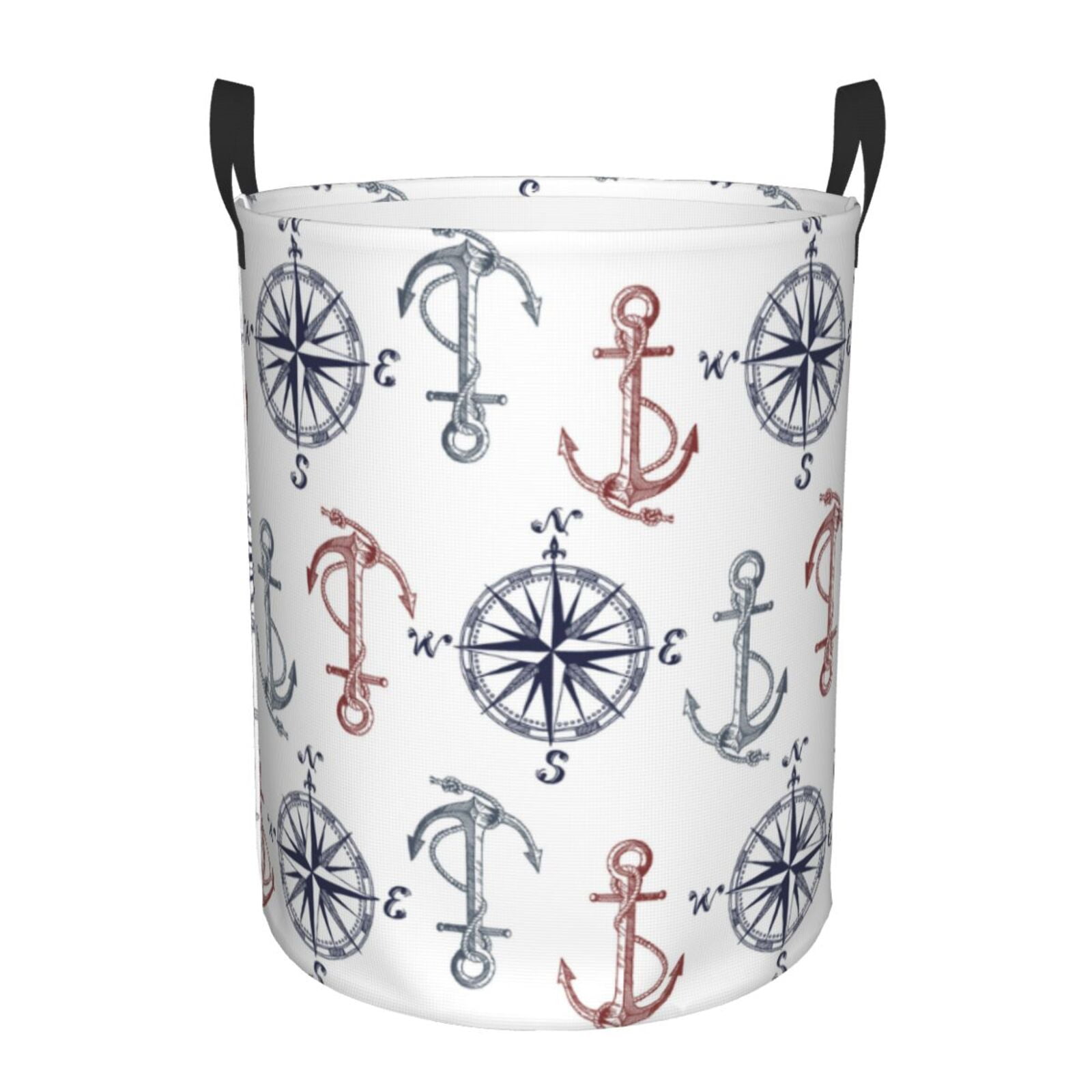 Round Laundry Basket vintage anchors compass cool Laundry Hamper with ...