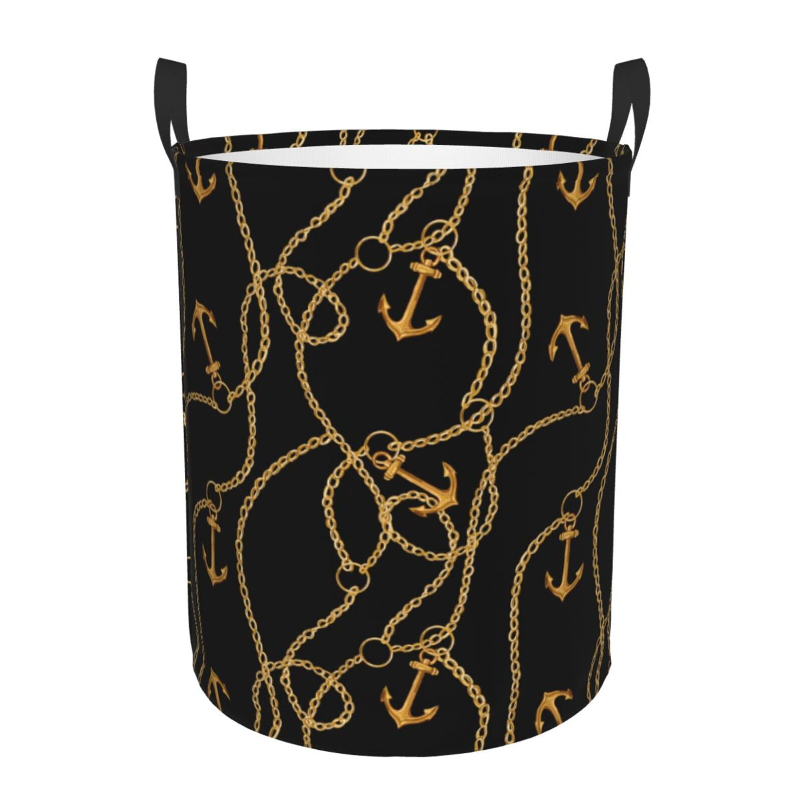 Round Laundry Basket vintage golden anchor chain black Laundry Hamper ...