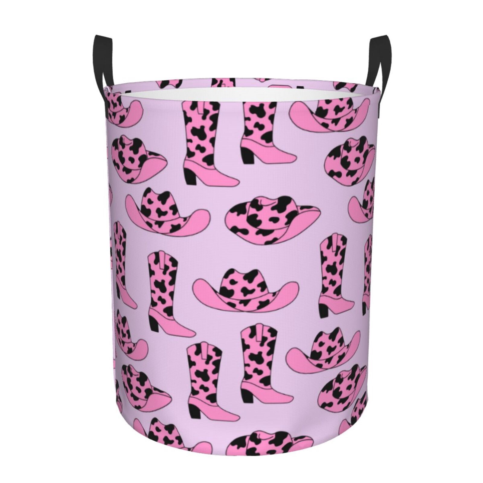 Round Laundry Basket western cow pink cowboy boots hat Laundry Hamper ...