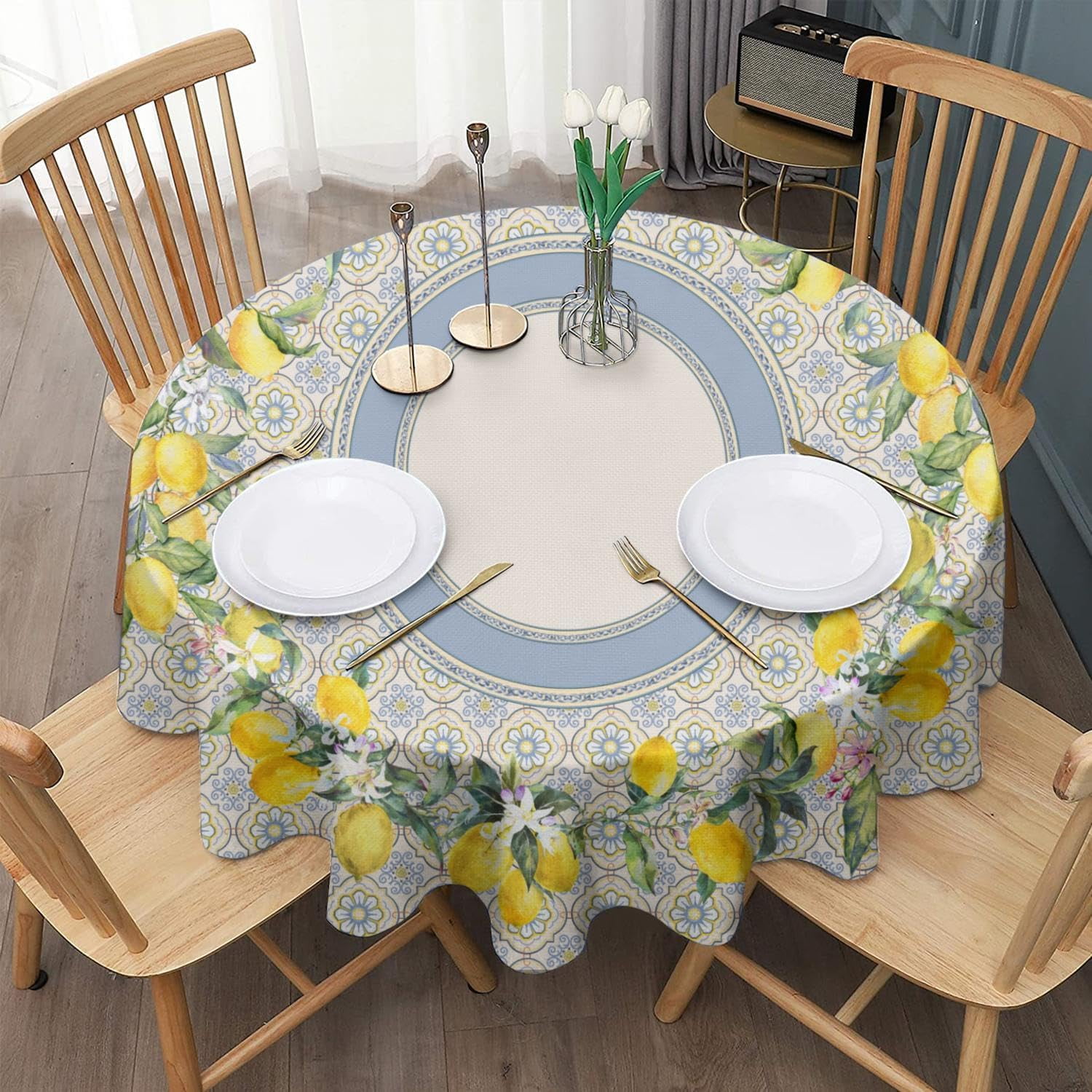 Round Lemon Tablecloth 60x60inch, French Lemon Country Farmhouse Spring ...