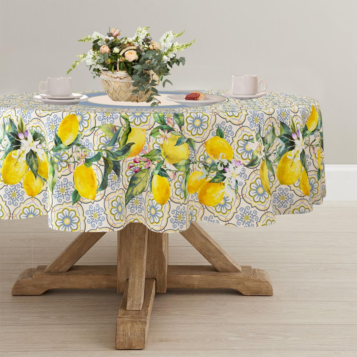 Round Lemon Tablecloth 60x60inch, French Lemon Country Farmhouse Spring ...