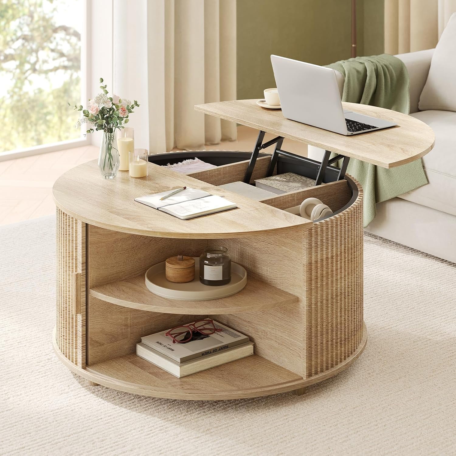 Round Lift Top Coffee Table, 34.6" Modern Coffee Table with 180° Curved ...