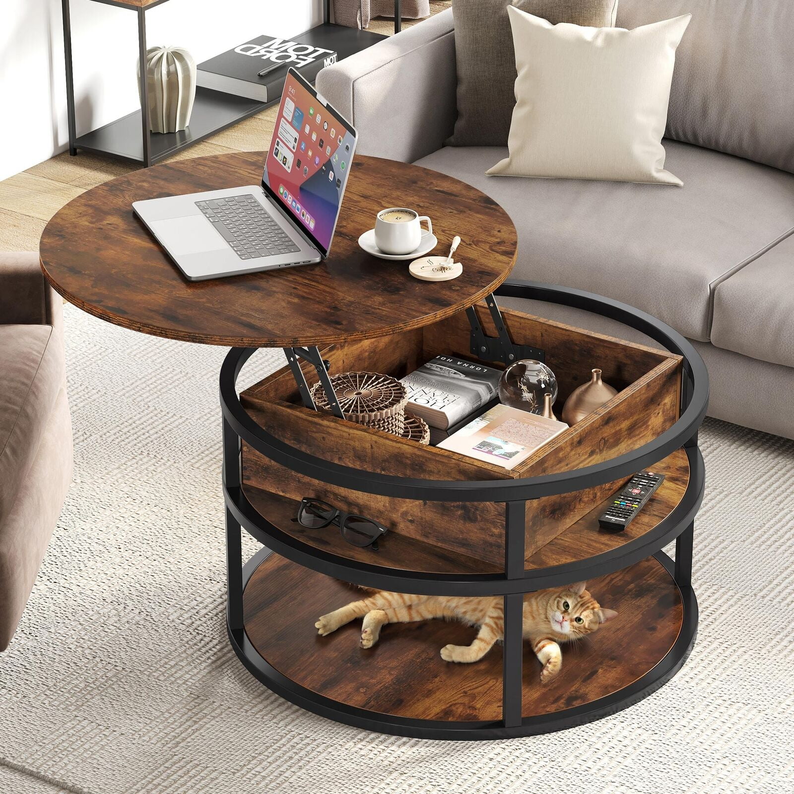Round Lift Top Coffee Table Circle Center Table for Living Room with ...