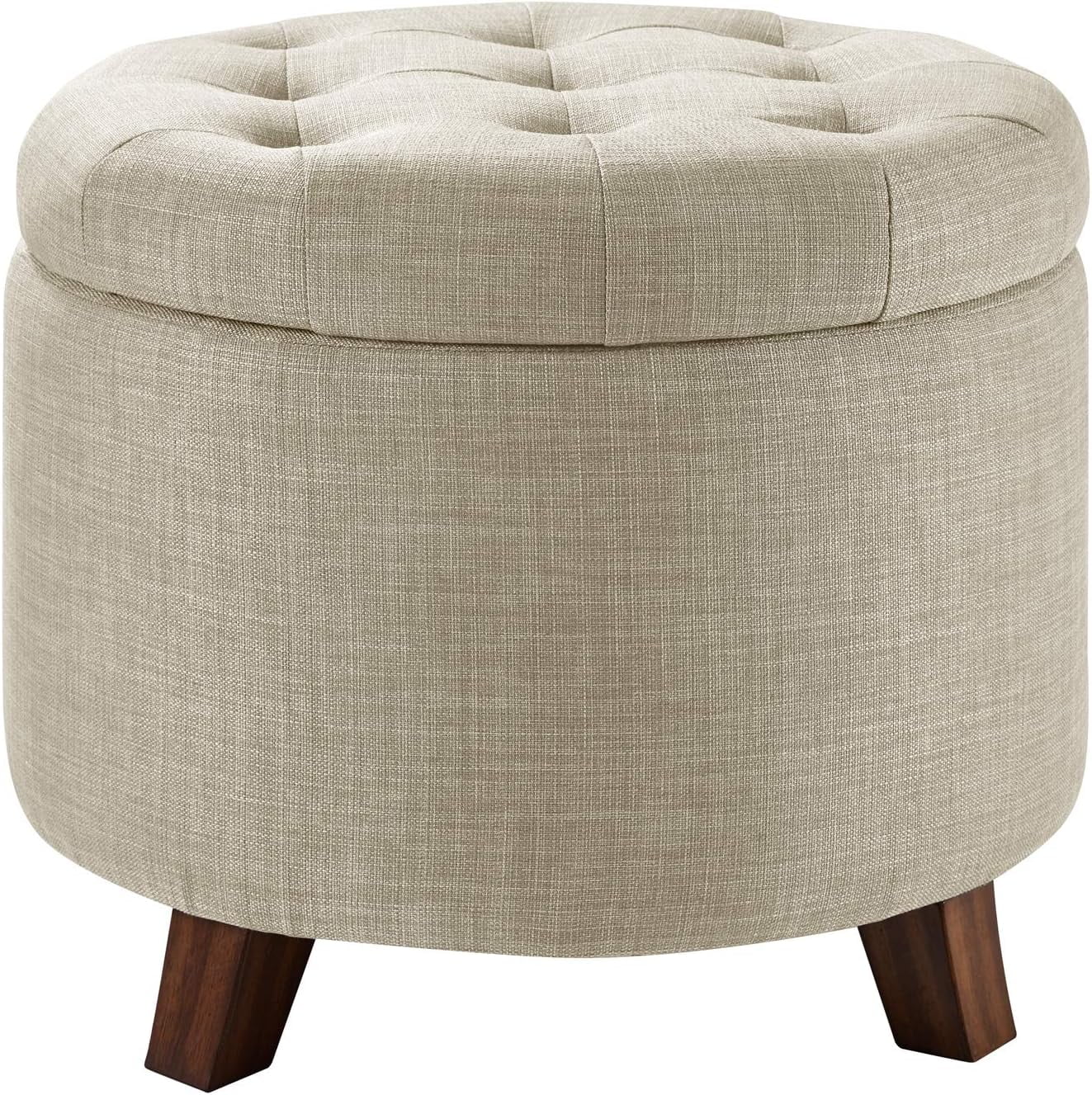 Round Linen Footrest Stool with Storage, Tufted Upholstered Footstool ...
