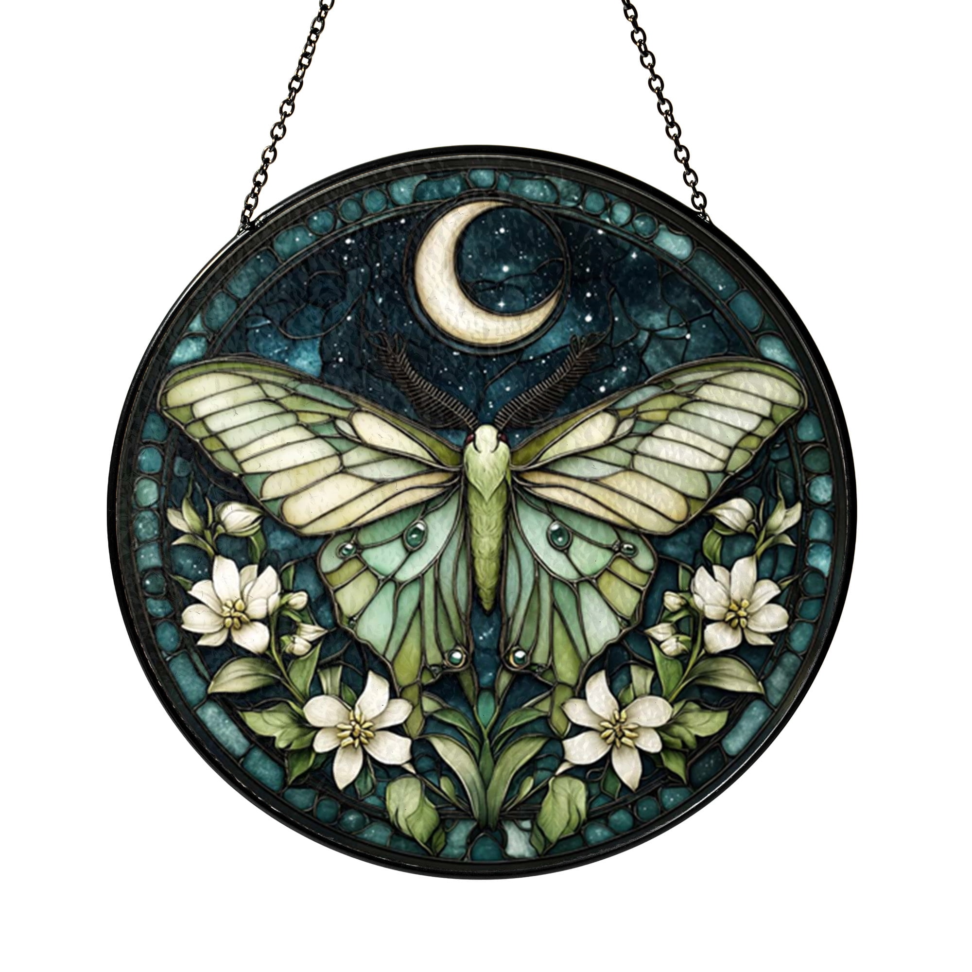 Round Lunar Moth Night Scene Stained Glass Suncatcher Window Hanging ...