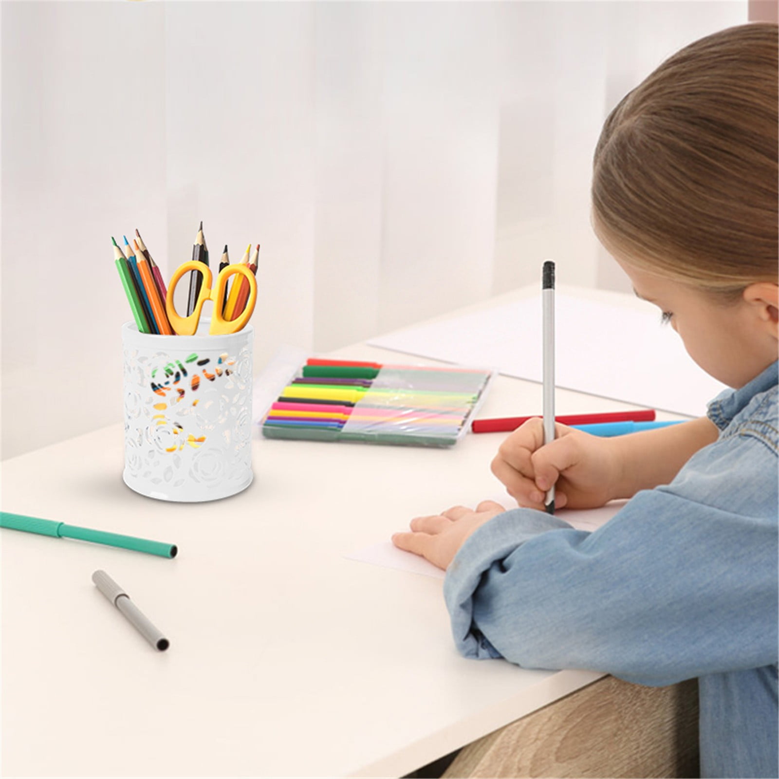 Round Mesh Pen Holder Metal Desk Organizer Pencil Cup Office Home ...