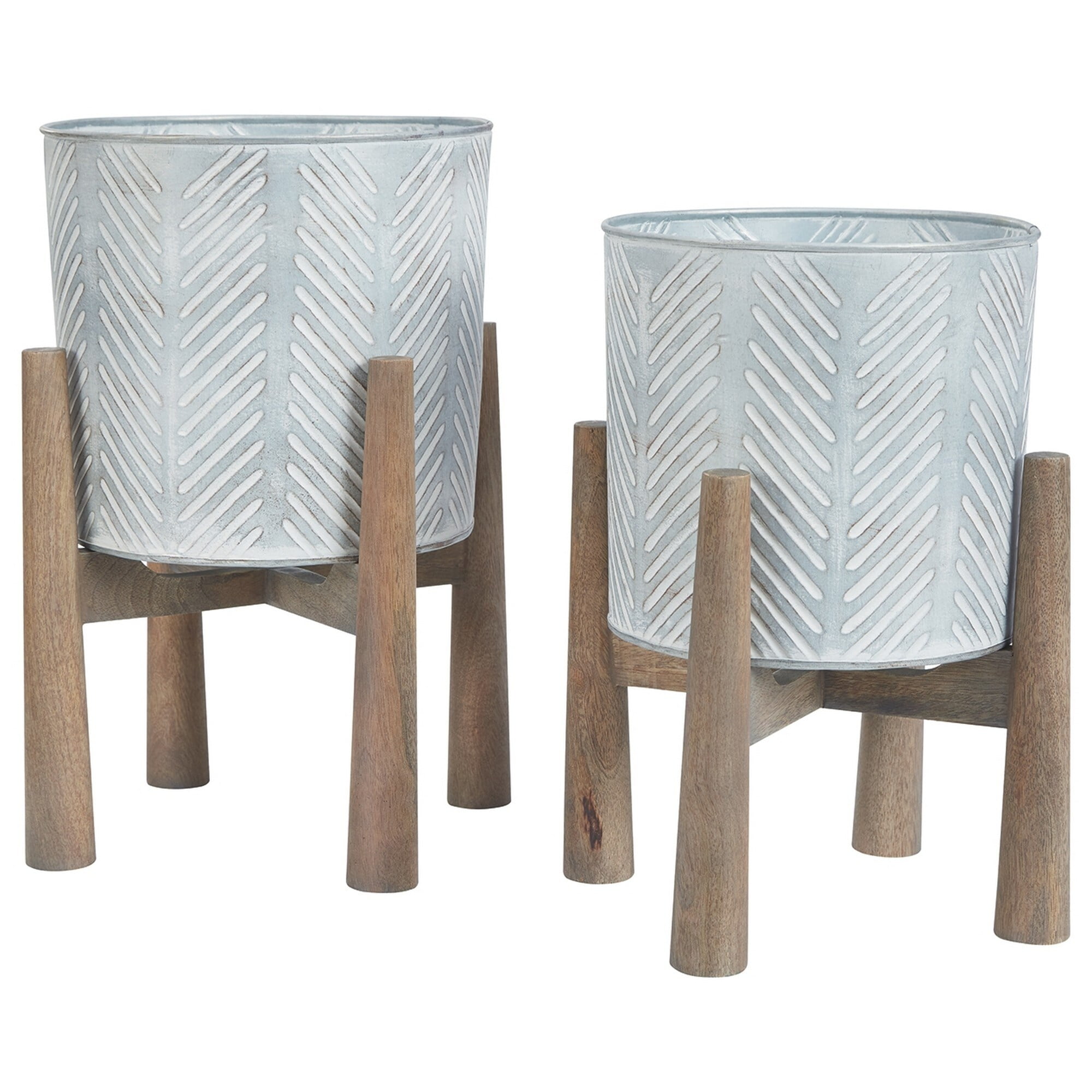 Round Metal Planter Set with Wood Stand,Set of 2,Galvanized Gray and ...