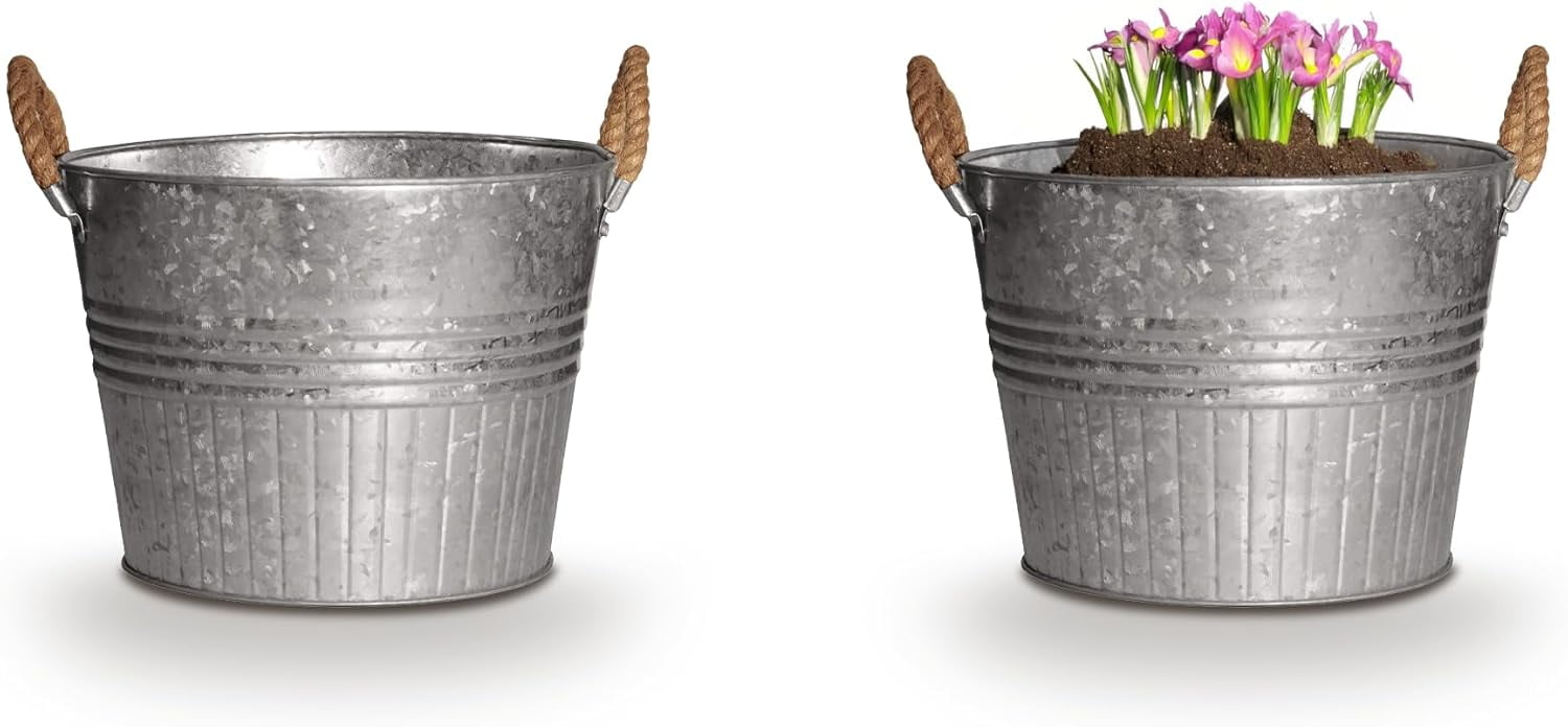 Round Metal Planter w/Rope Handles – Lightweight Galvanized Steel with ...