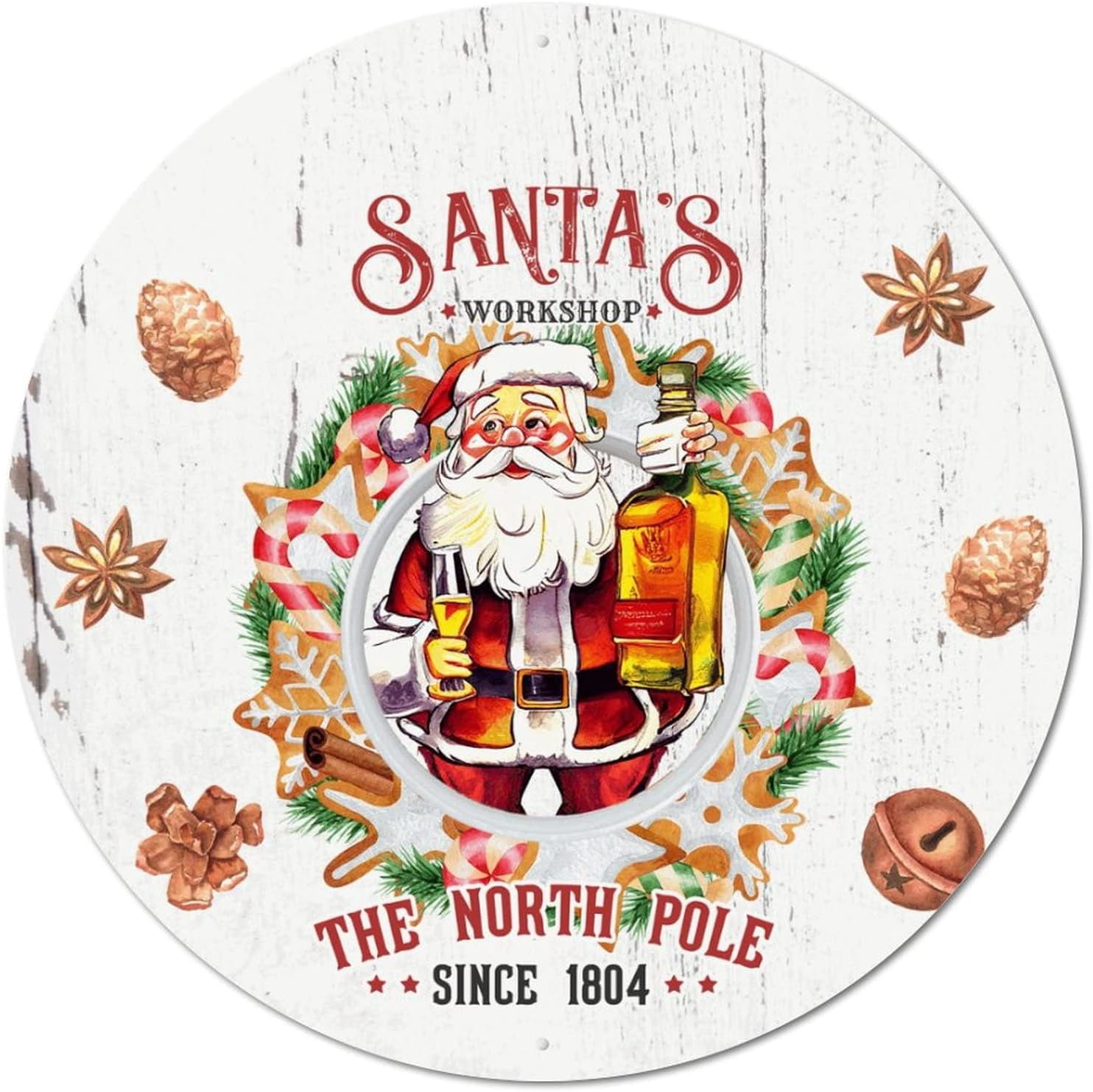 Round Metal Sign Plaque Santa's Workshop North Pole Vintage Wreath Sign ...