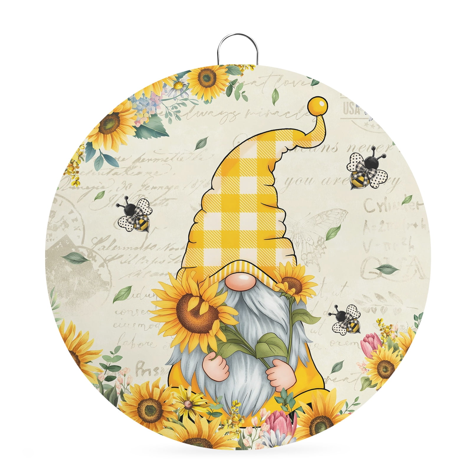 Round Metal Signs for Outside Ellow Sunflower Gnome Tin Signs Stainless ...
