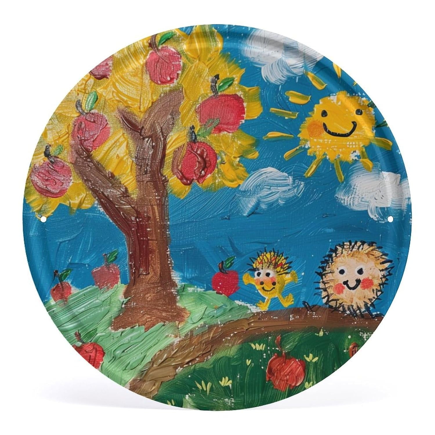 Round Metal Tin Sign Baby Animals with A Tree Tin Signs Retro Hedgehog ...