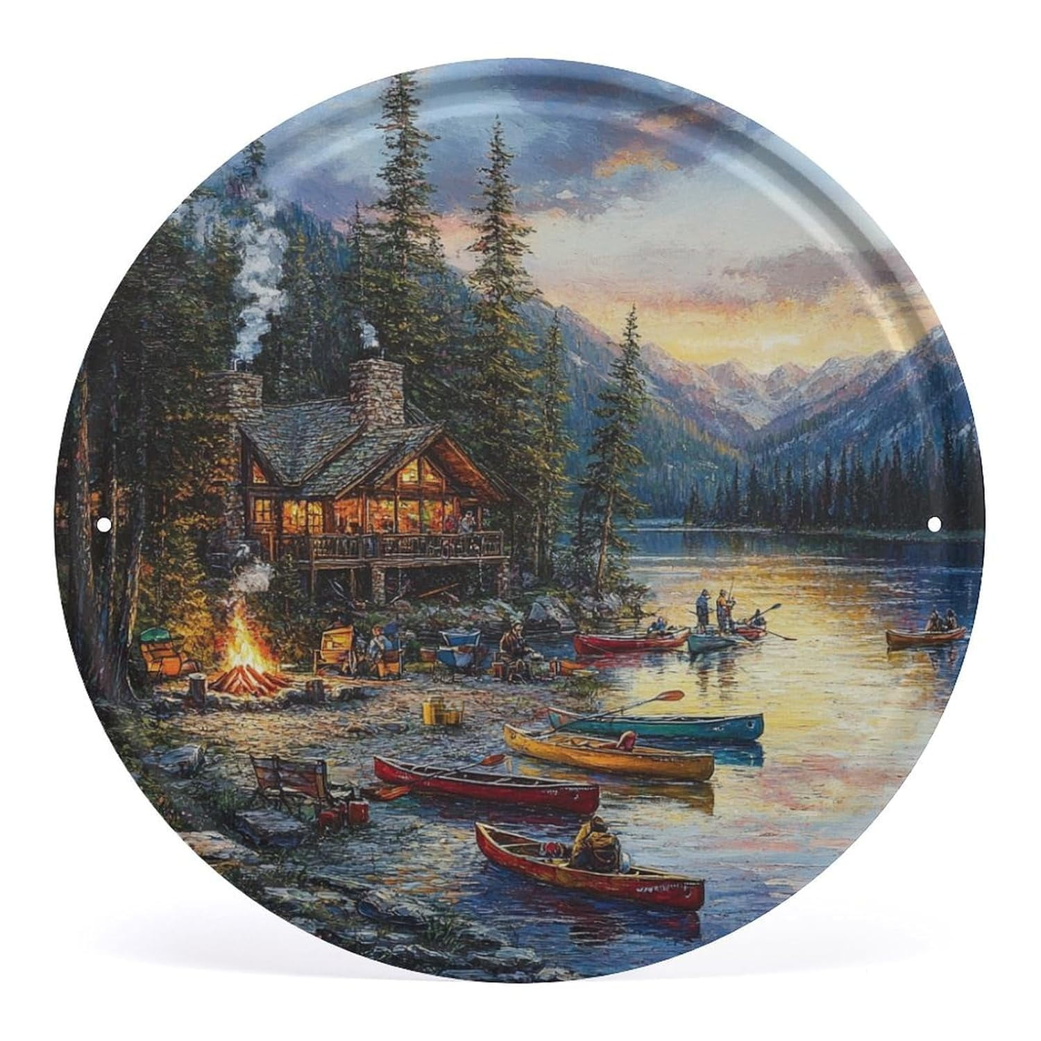 Round Metal Tin Sign Beautiful Lakehouse in The Mountains with Colorful ...
