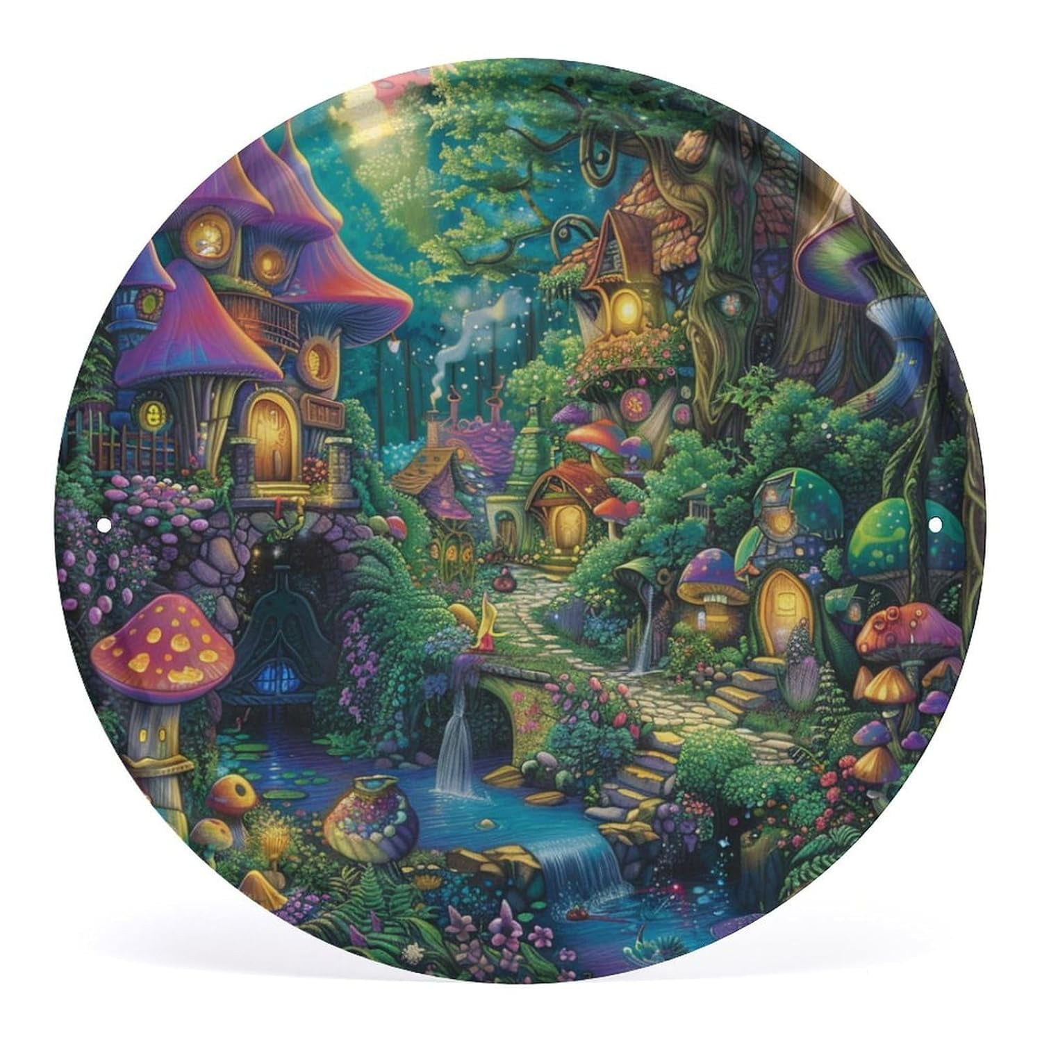 Round Metal Tin Sign Fantasy Scene Forest Filled with Colorful Mushroom ...