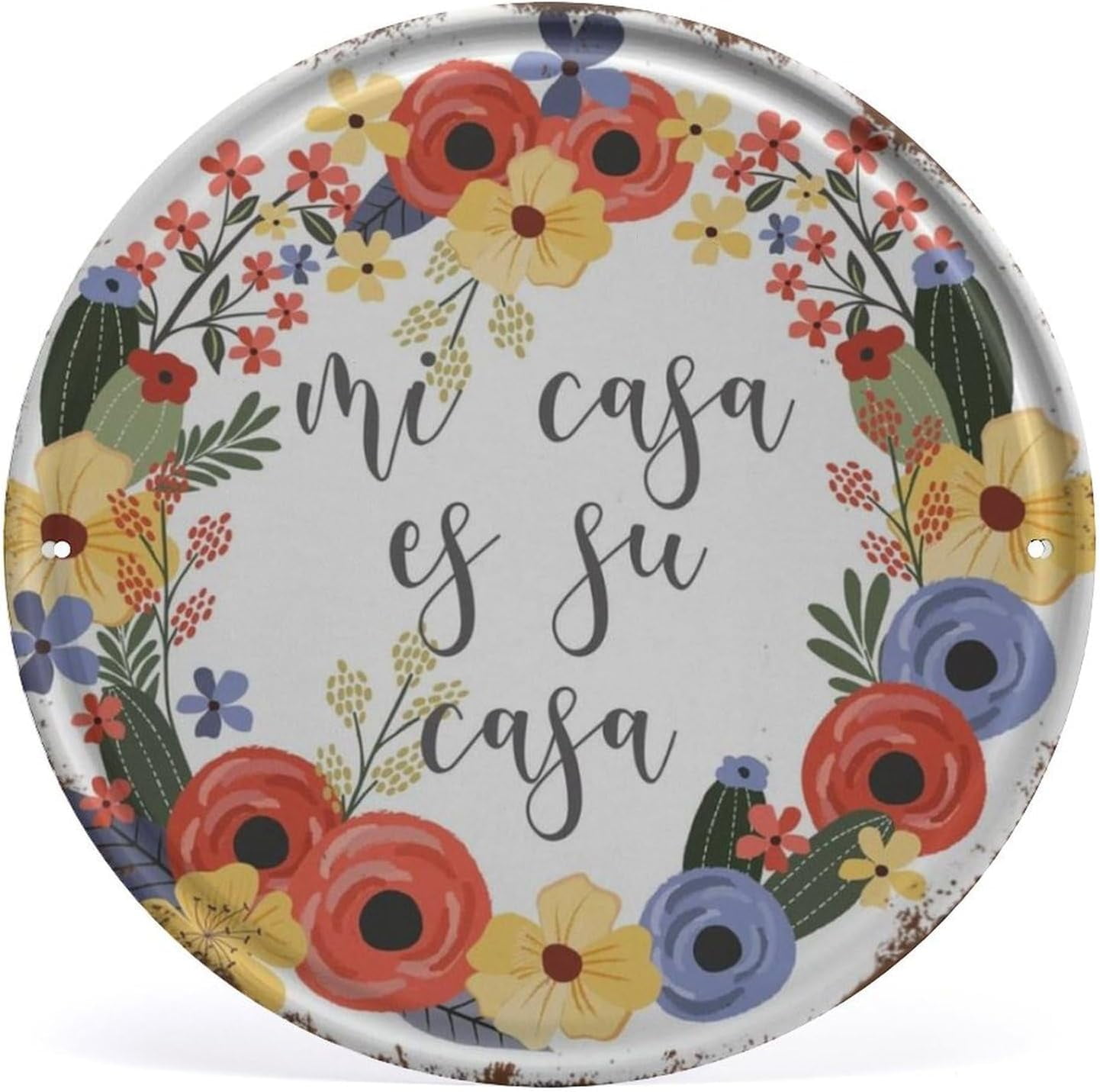 Round Metal Tin Sign Mi Casa ES Su Casa Floral Cactus Wreath Welcome Vintage Tin Signs Funny ...