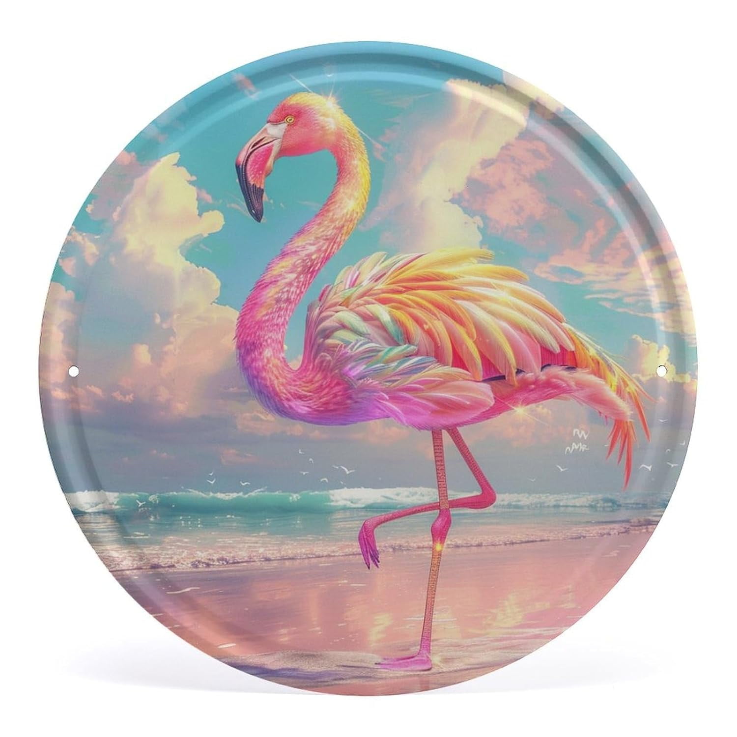 Round Metal Tin Sign Pink And Yellow Flamingo on The Beach Rustic Metal ...