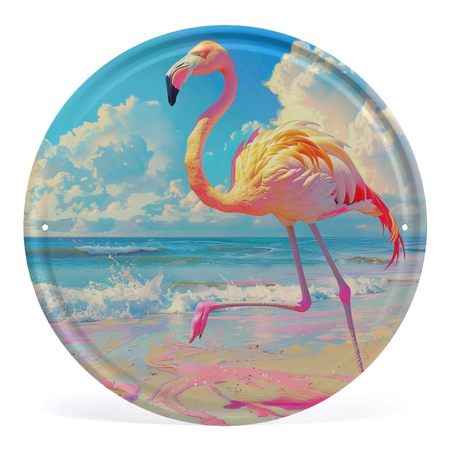 Round Metal Tin Sign Pink And Yellow Flamingo on The Beach Vintage ...