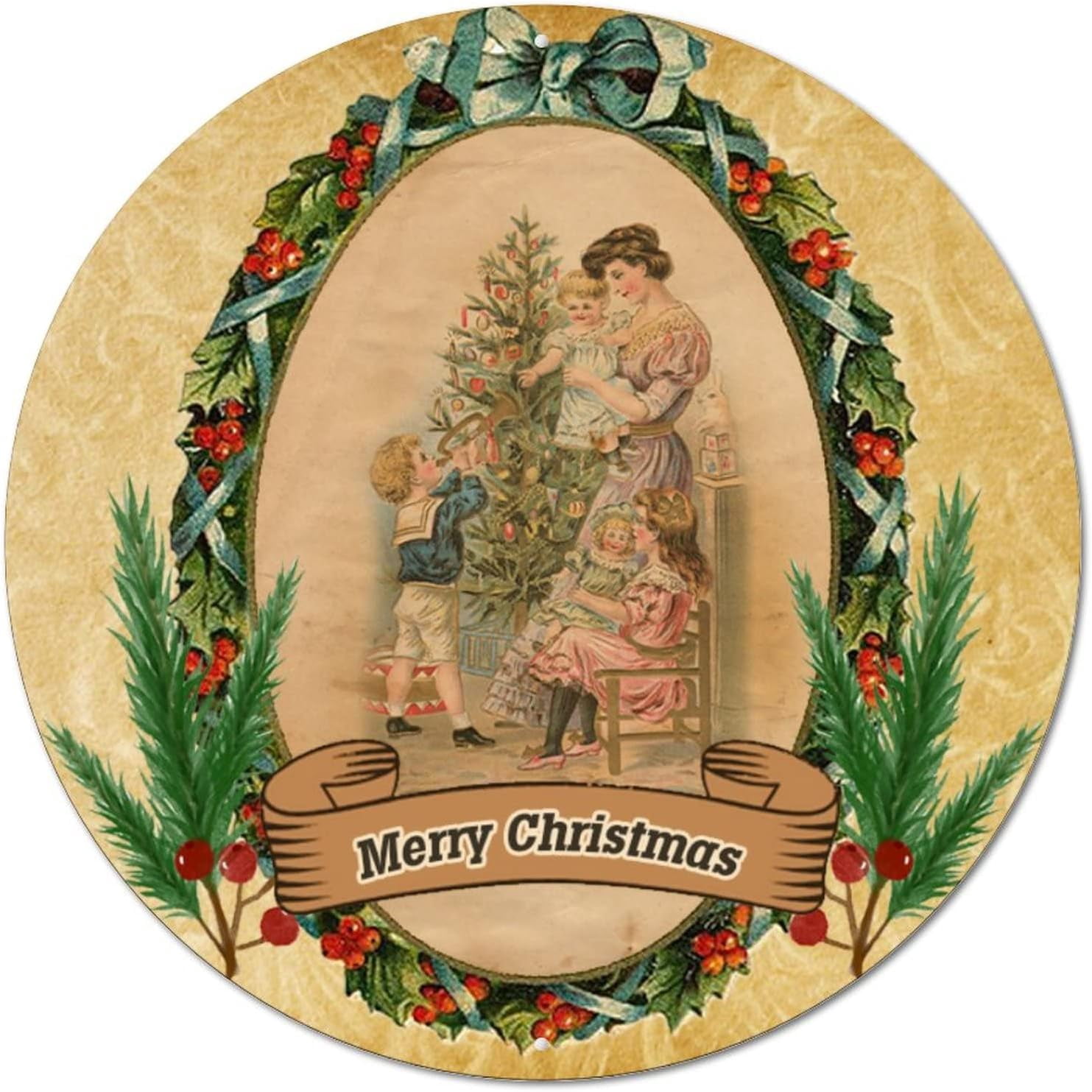 Round Metal Tin Sign Plaque Victorian Style Christmas Santa Circle ...