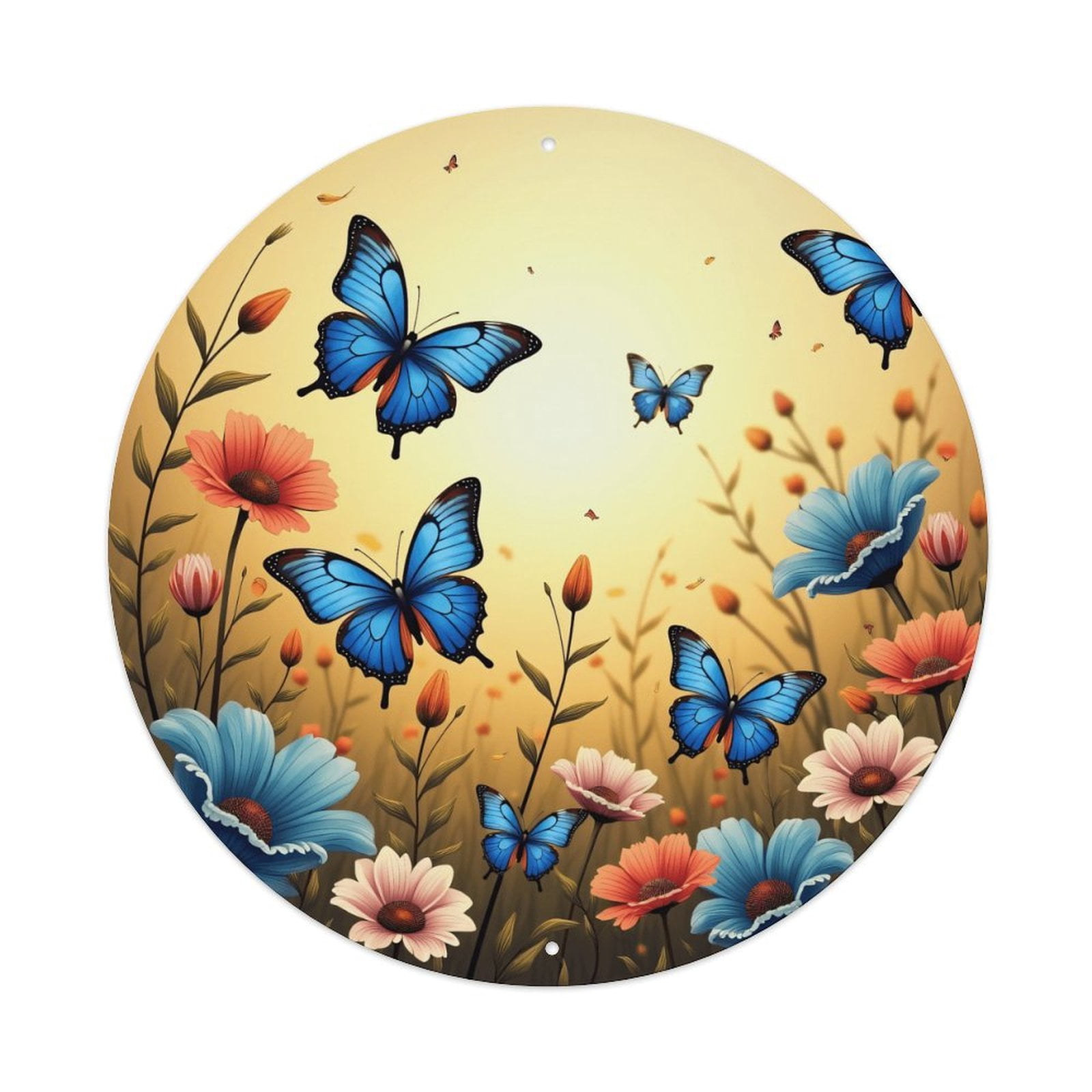 Round Metal Tin Sign Rustic Wall Decor Butterflies Flowers Sunset Round ...