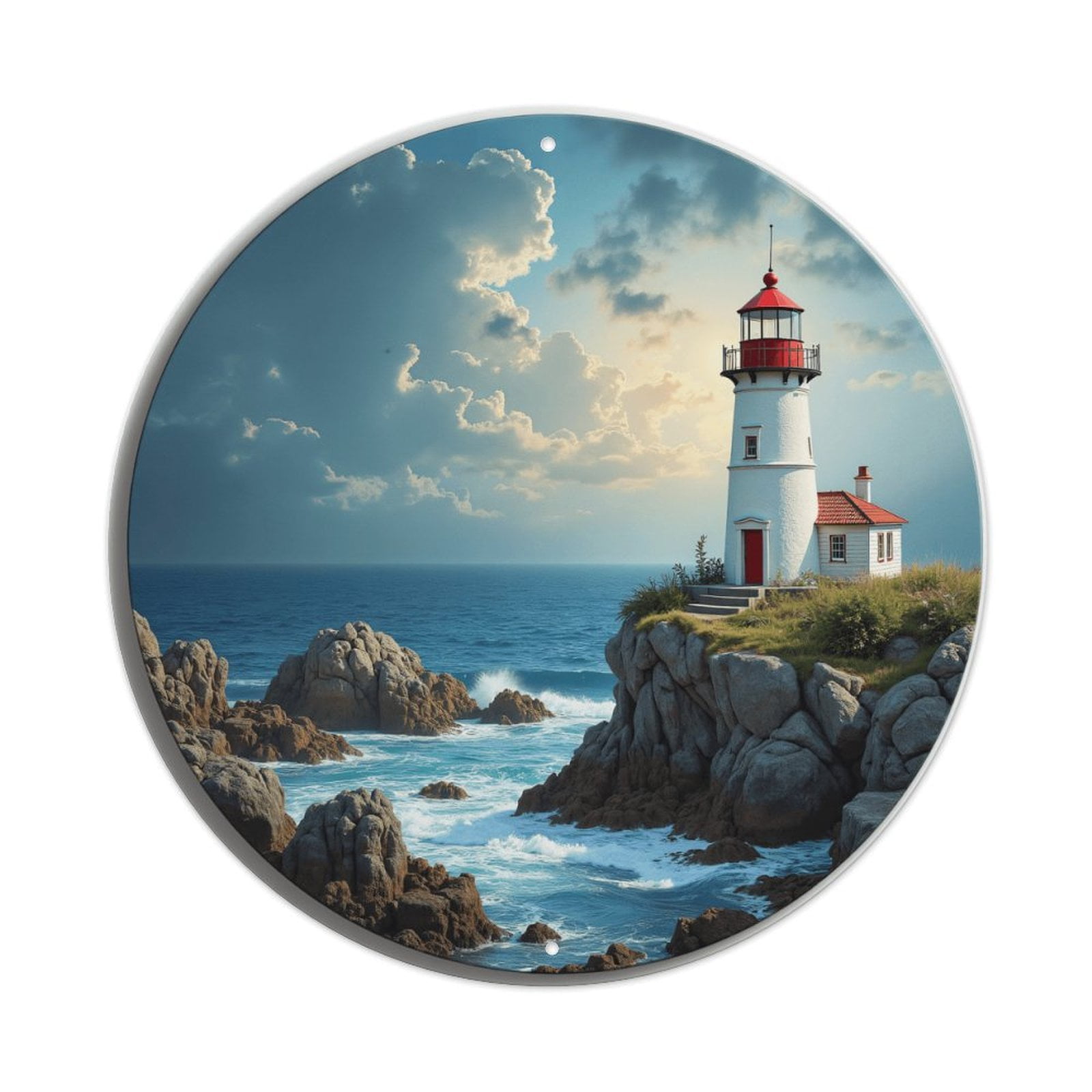 Round Metal Tin Sign Rustic Wall Decor Lighthouse Coastal Rocky Round ...