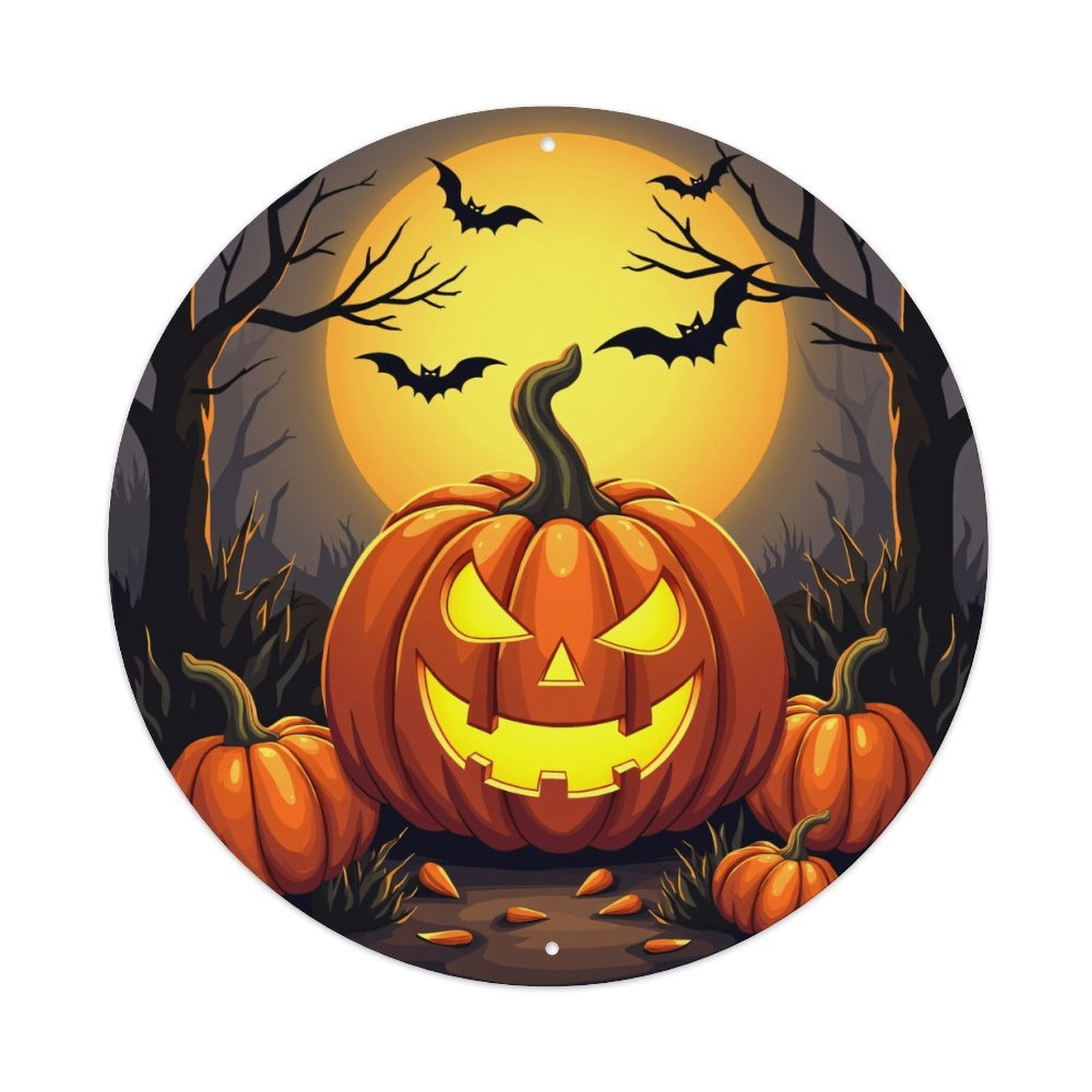 Round Metal Tin Sign Rustic Wall Decor Pumpkin Bat Halloween Round ...