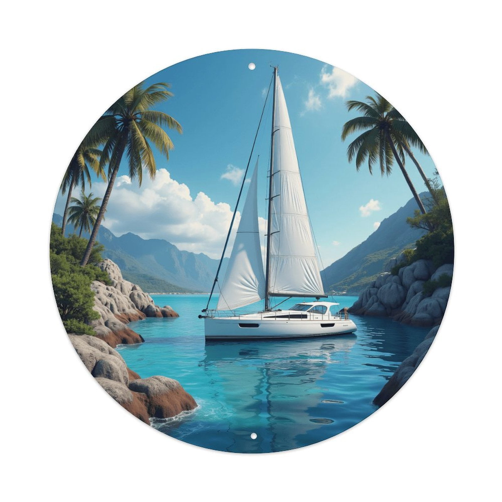 Round Metal Tin Sign Rustic Wall Decor Sailboat Tropical Round Metal ...
