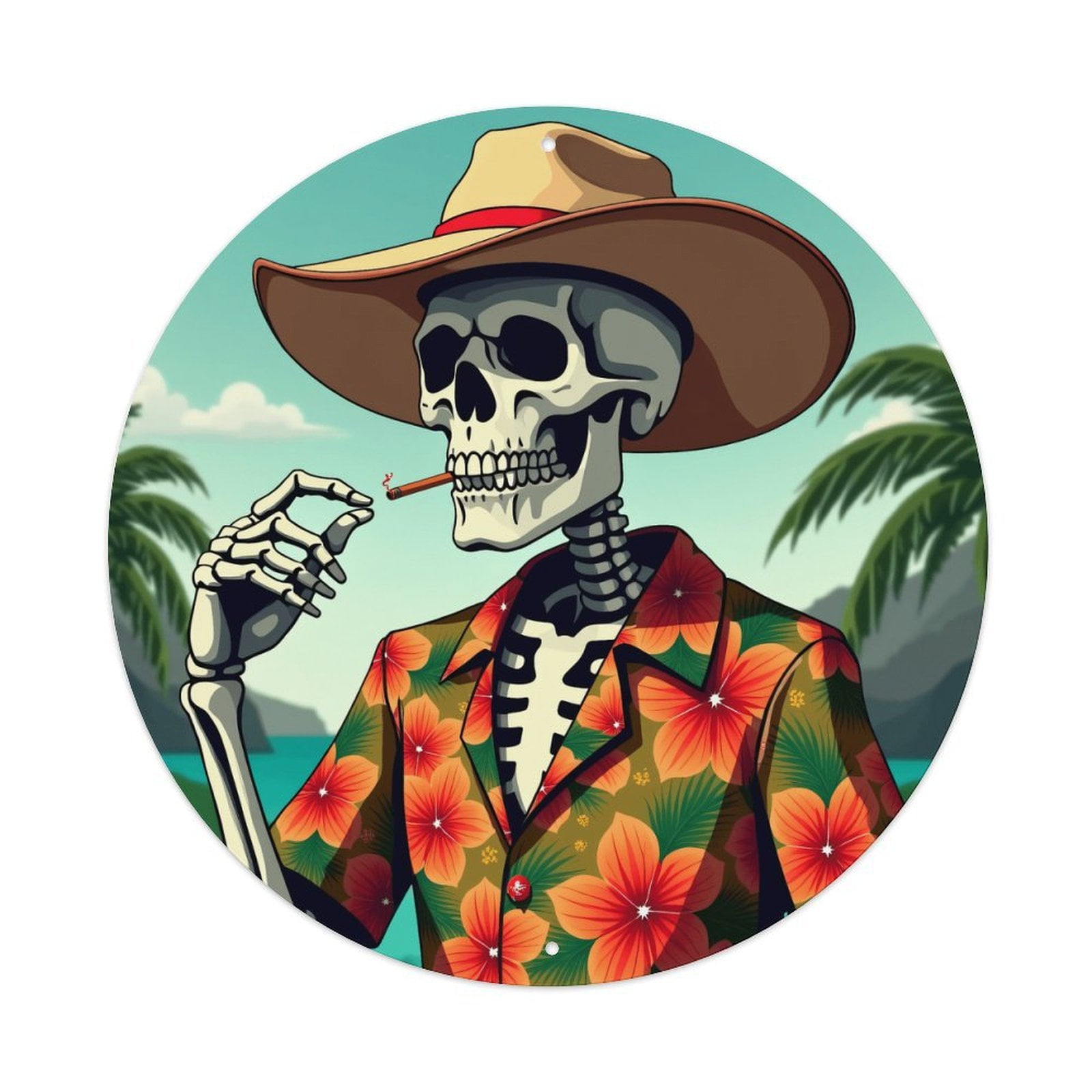 Round Metal Tin Sign Rustic Wall Decor Skeleton Man Hat Round Metal ...