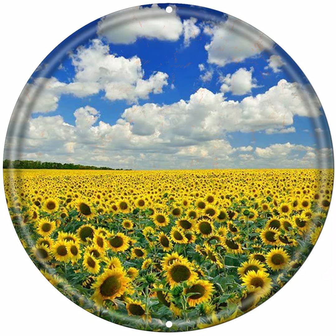 Round Metal Tin Sign Rustic Wall Decor Sunflower Fields Beautiful House ...