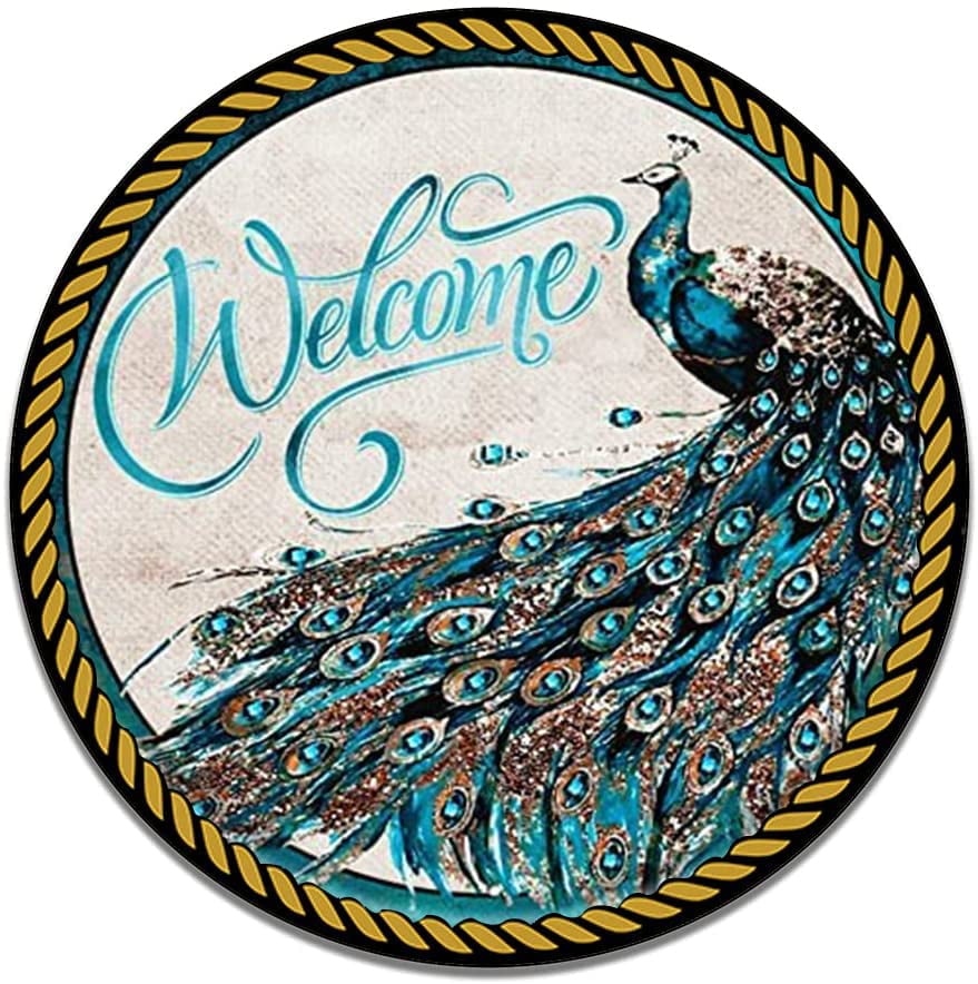 Round Metal Tin Sign Rustic Wall Decor Wall Plaque Welcome Peacock Sign ...