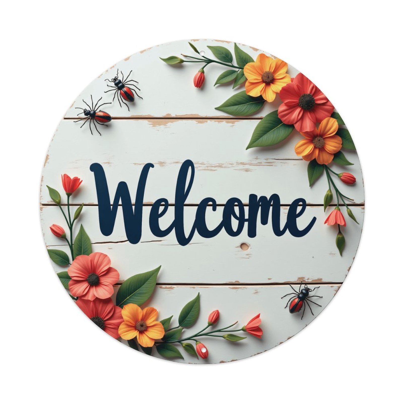 Round Metal Tin Sign Rustic Wall Decor Welcome Floral Flowers Round ...