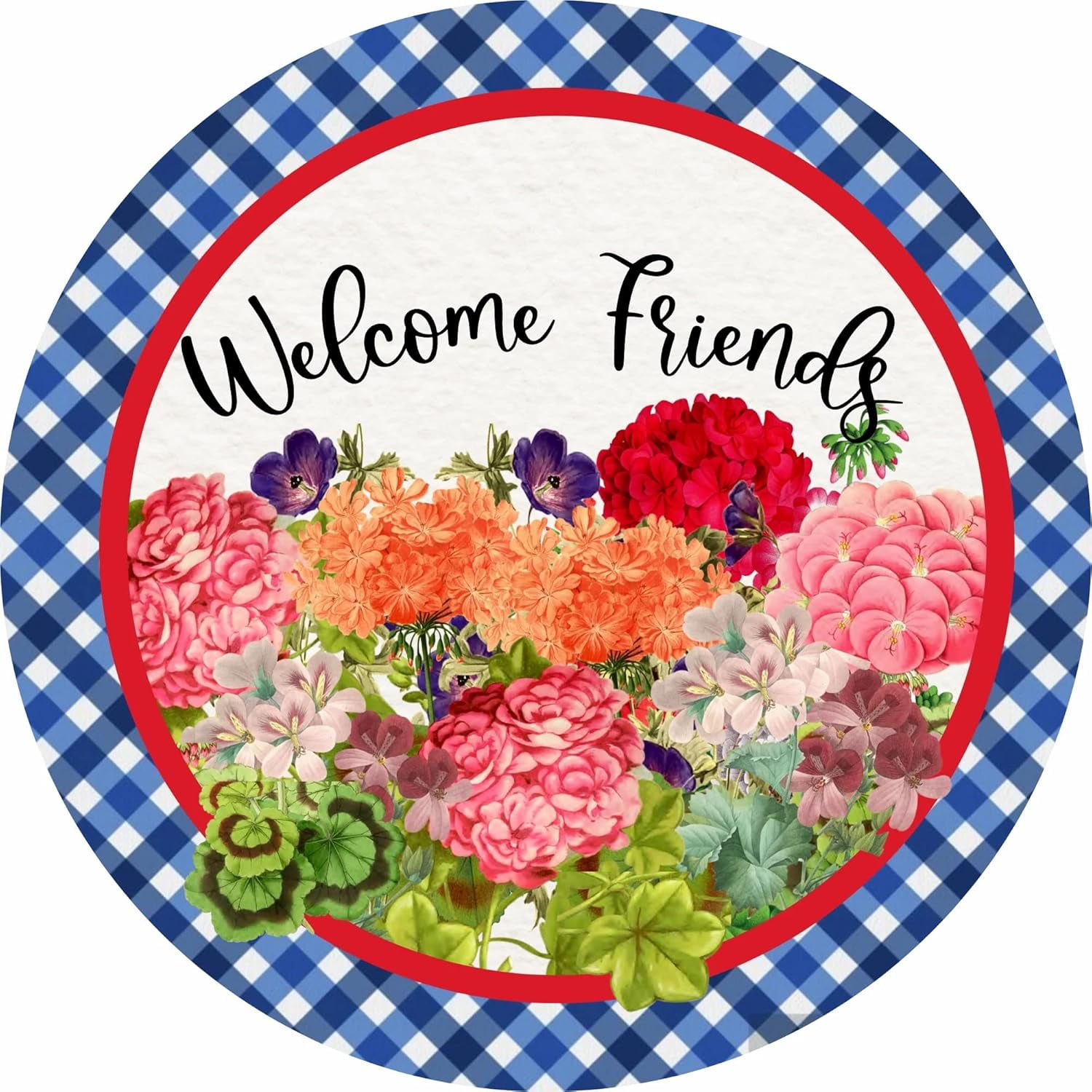 Round Metal Tin Signwelcome Friends Geraniums Floral Wreath Metal Sign ...