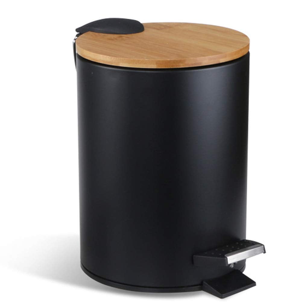 Round Metal Trash Can with Bamboo lid and Pedal 5 Liter Garbage ...
