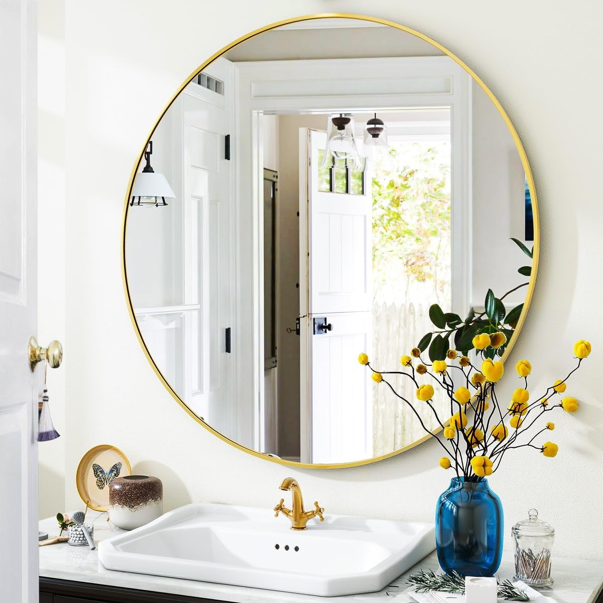 Round Mirror, 30 inch Circle Mirror with Gold Metal Frame, Hanging Wall ...