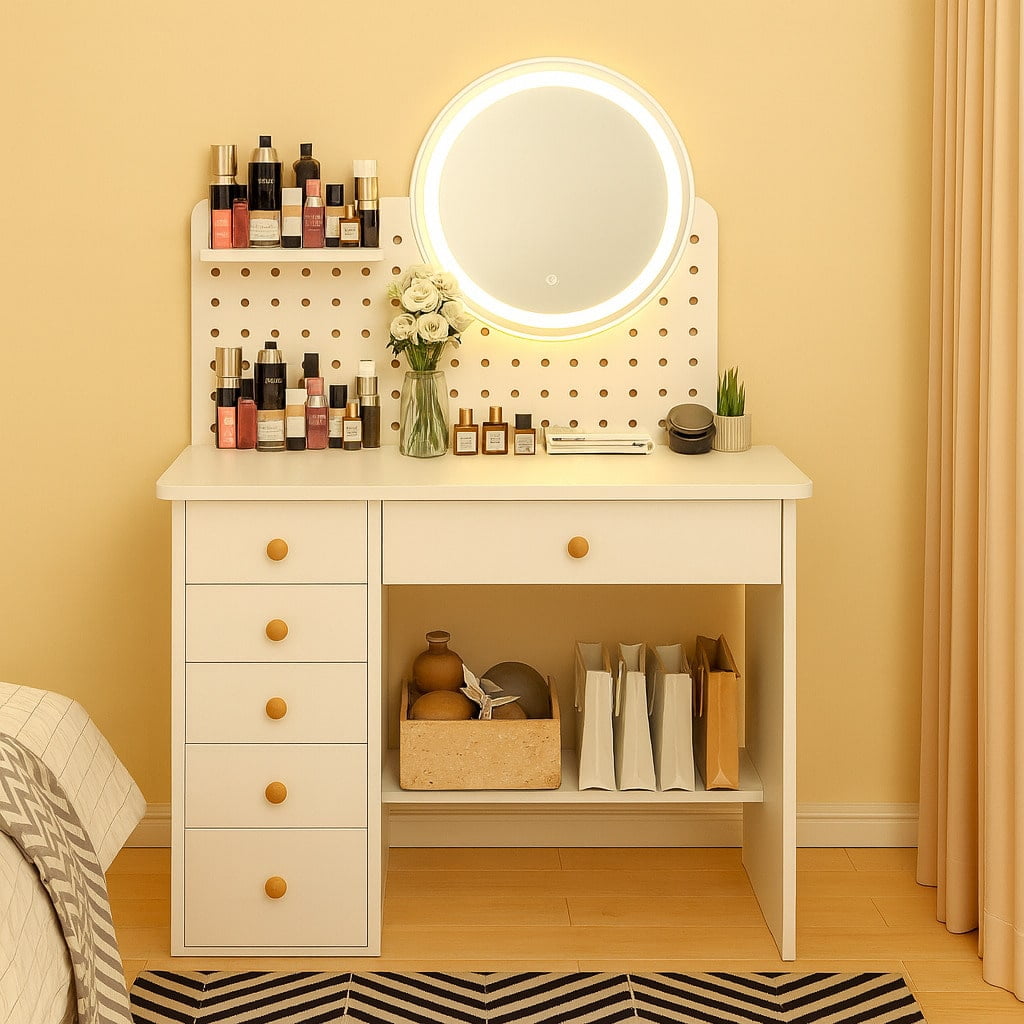 Round Mirror Dressing Table with 6 Drawers, Lockable Storage Cabinet ...