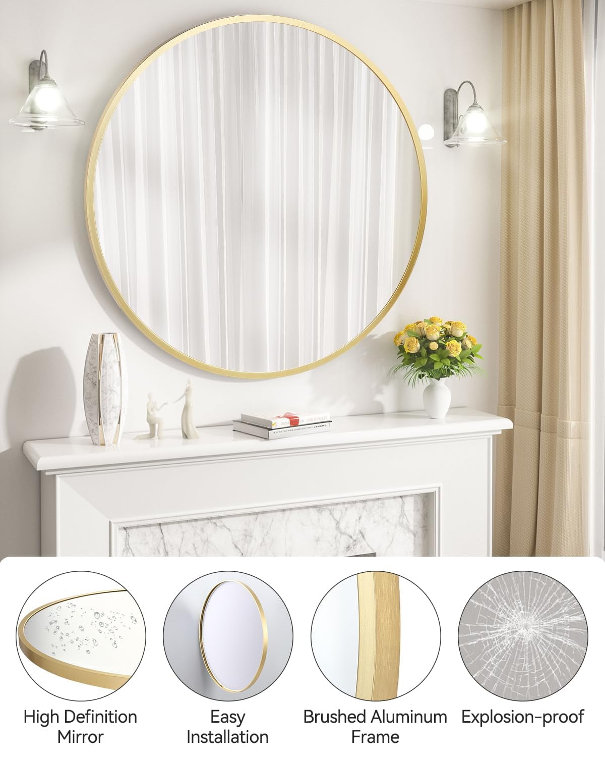 Round Mirror for Wall, Gold Metal Frame Circle Mirror, Round Bathroom ...