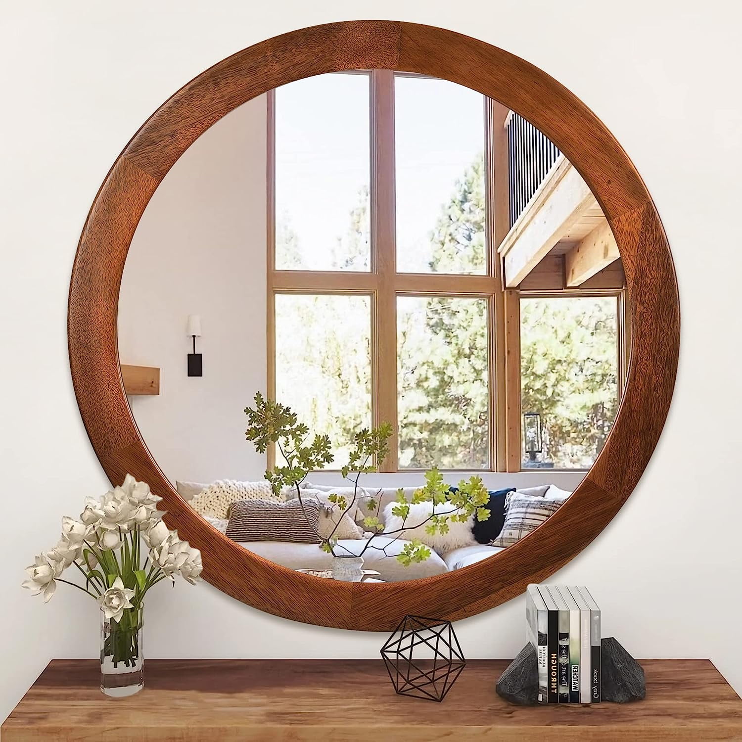 Round Mirrors 30 Inch,Wood Vanity Wall Rustic Mirror with Walnut Frame ...