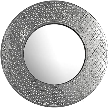 Round Mosaic Mirror With Tile Frame, 24 Inch Silver Handcrafted Wall ...