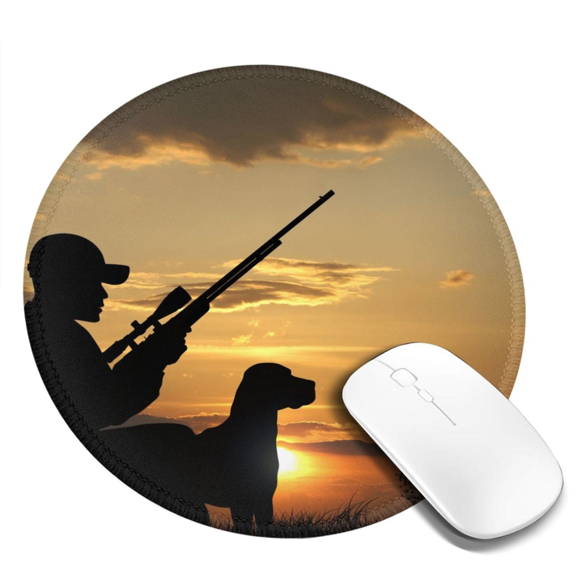 Round Mouse Pad Hunter with Dog Sunset Landscape Non-Slip Rubber(8 ...