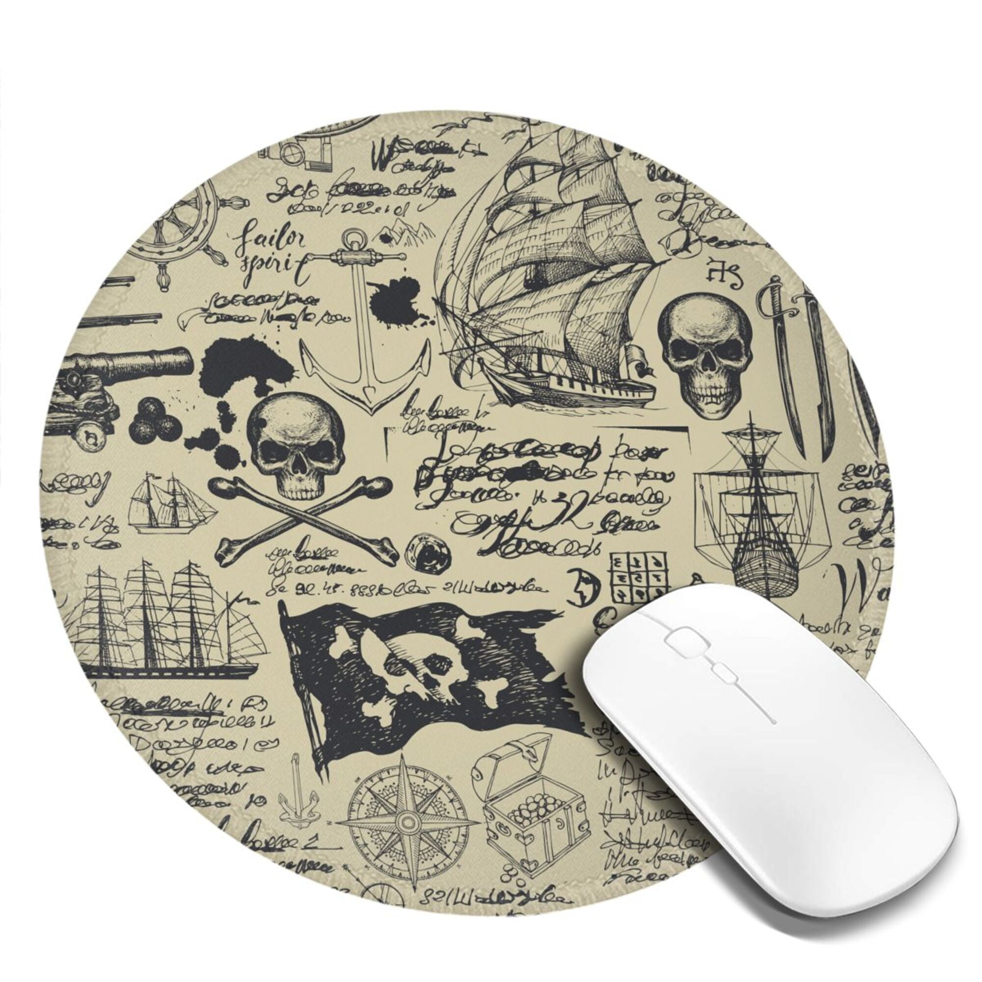 Round Mouse Pad Pirate Ship Skull Treasure Map Non-Slip Rubber(8" Inch ...