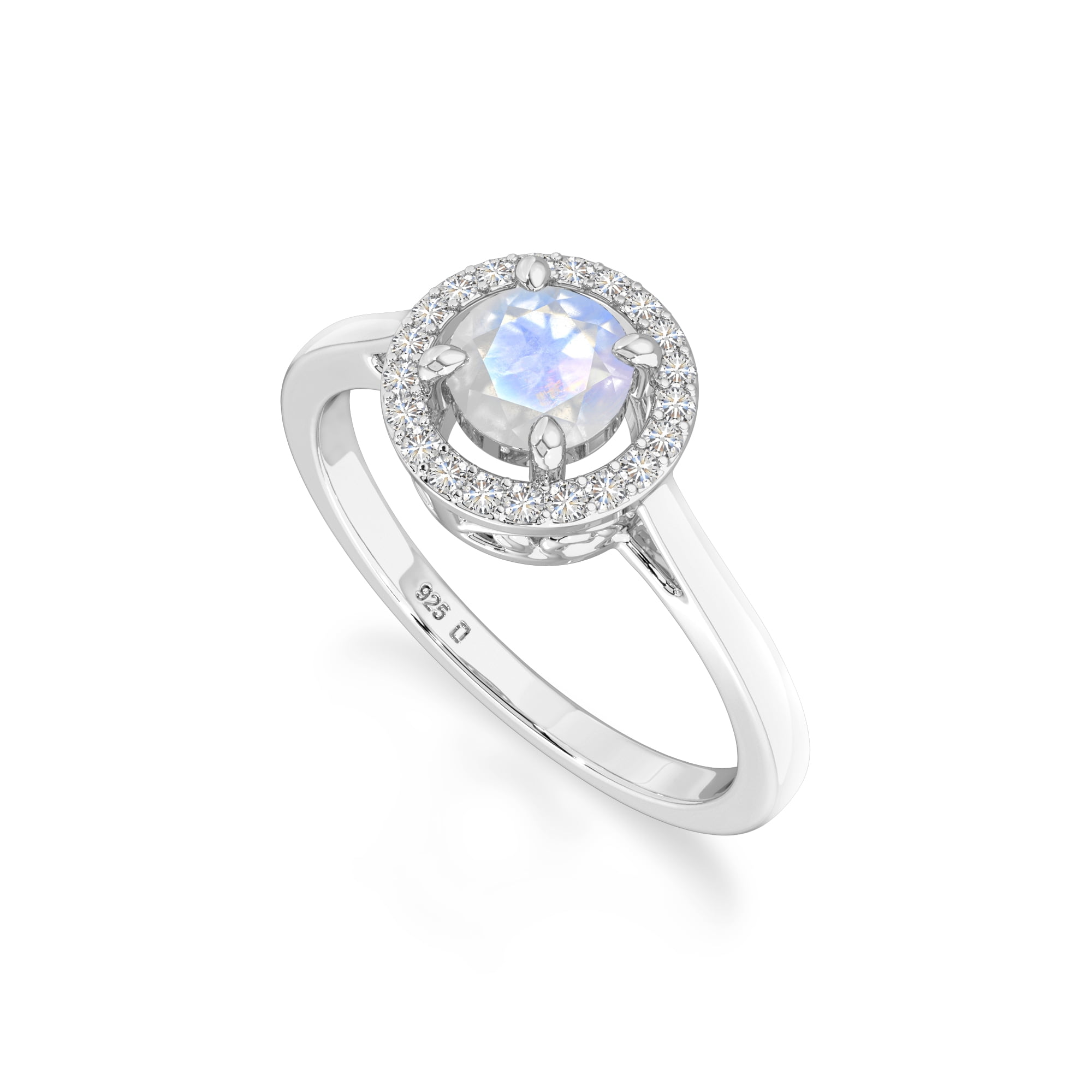 Round Natural Rainbow Moonstone Halo Rings for Women in Sterling Silver ...
